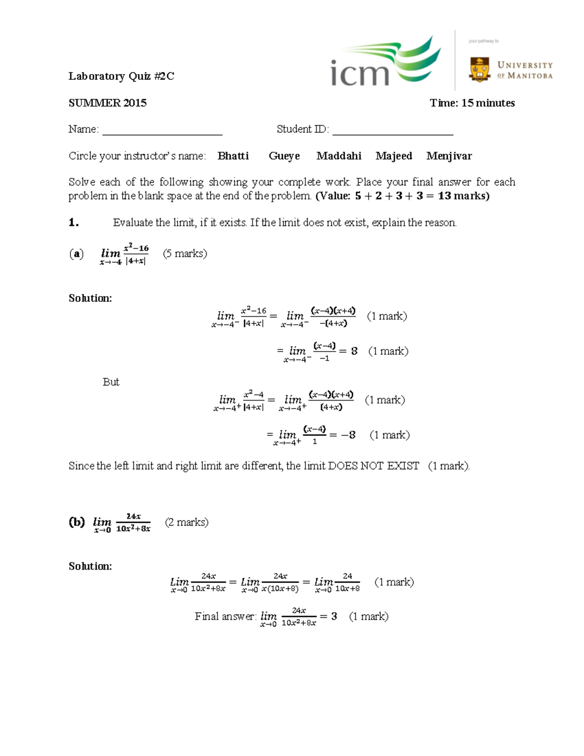 Summer 2015 Laboratory Quiz #2C Solutions - Laboratory Quiz SUMMER 2015 ...