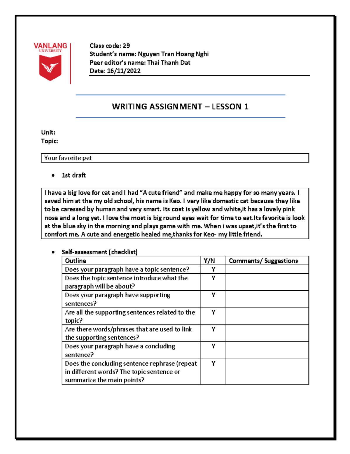 Writing-1 Tiếng anh - Class code: 29 Student’s name: Nguyen Tran Hoang Nghi Peer editor’s name ...