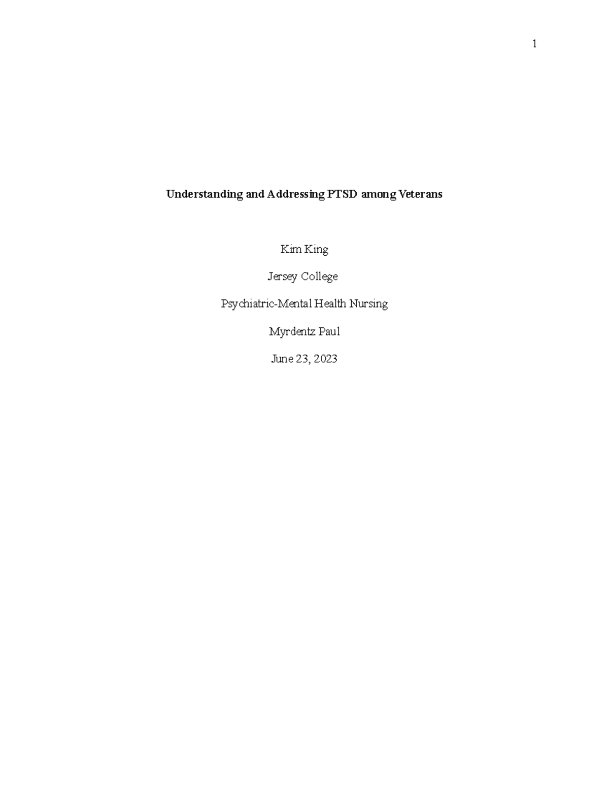 PTSD revised copy 2 1 - PTSD term paper - NUR155 - Jersey College - Studocu