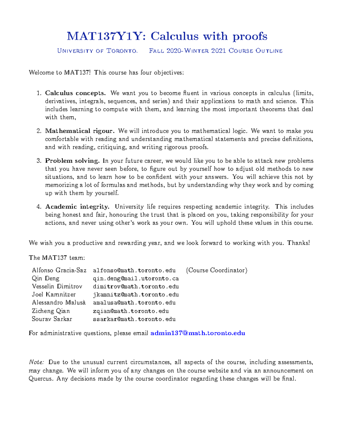 MAT137 2020 - 2021 Course Syllabus Outline - MAT137Y1Y: Calculus with ...