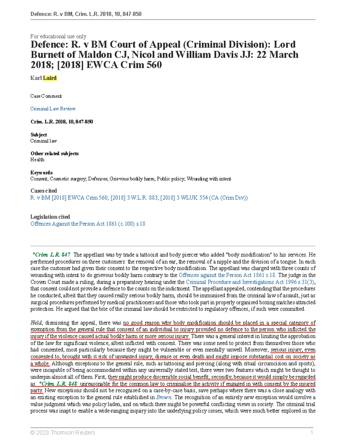 Defence R v BM - Defence: R. v BM, Crim. L. 2018, 10, 847- © 2023 ...