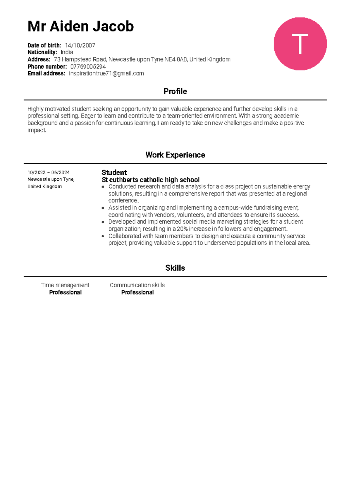 (FREE COPY) True Inspiration Resume - Mr Aiden Jacob Date of birth: 14 ...