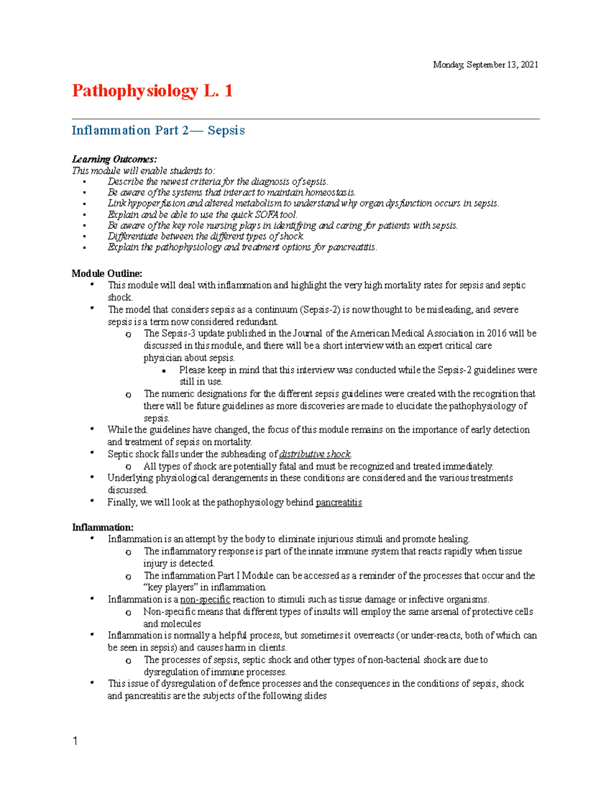 01 - inflammation sepsis part 2 - Pathophysiology L. 1 Inflammation ...