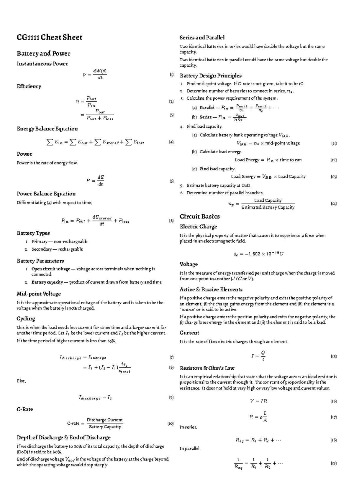 CG1111 - Summary comp engineering - CG1111 Cheat Sheet Battery and Power Instantaneous Power p ...
