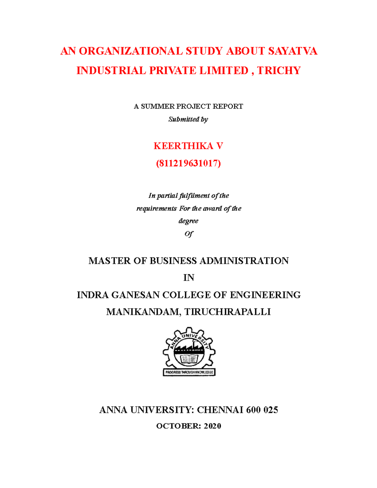 Project - AN ORGANIZATIONAL STUDY ABOUT SAYATVA INDUSTRIAL PRIVATE ...