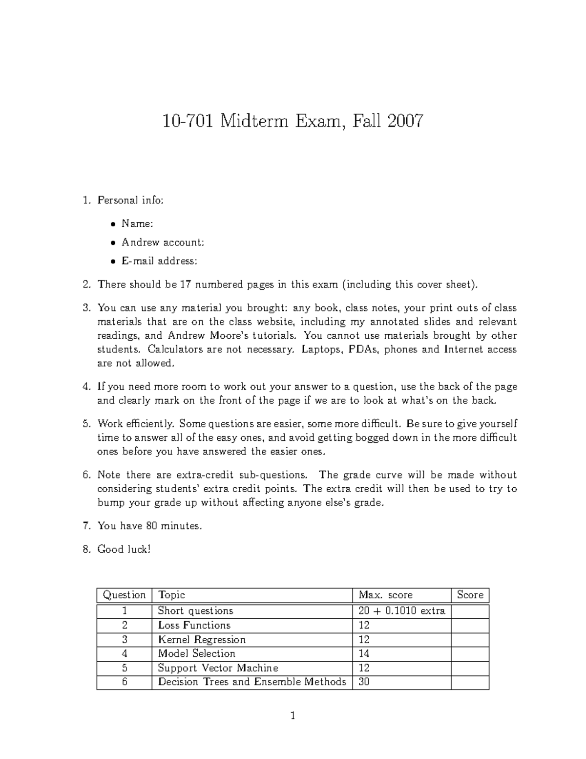 07au midterm sol - Simple examples - 10-701 Midterm Exam, Fall 2007 ...