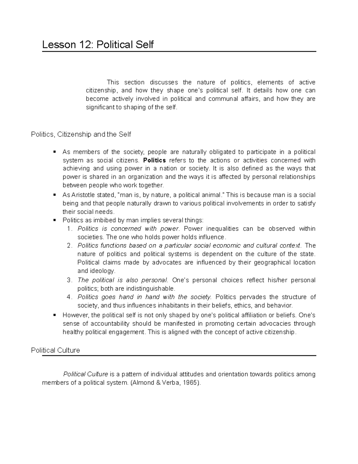 GEd 101- Understanding the Self Lesson 12 - Lesson 12: Political Self ...