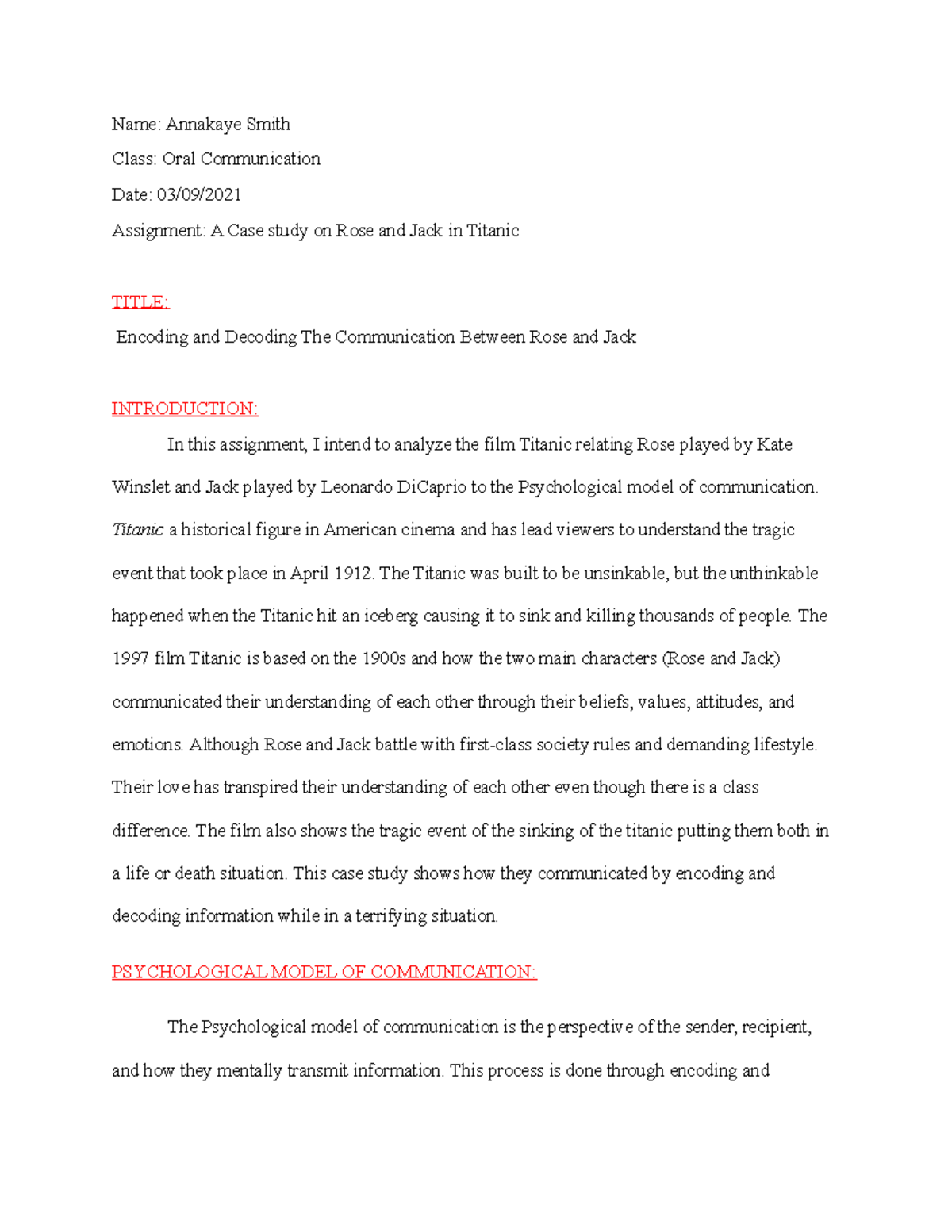 Speech case study - Name: Annakaye Smith Class: Oral Communication Date ...