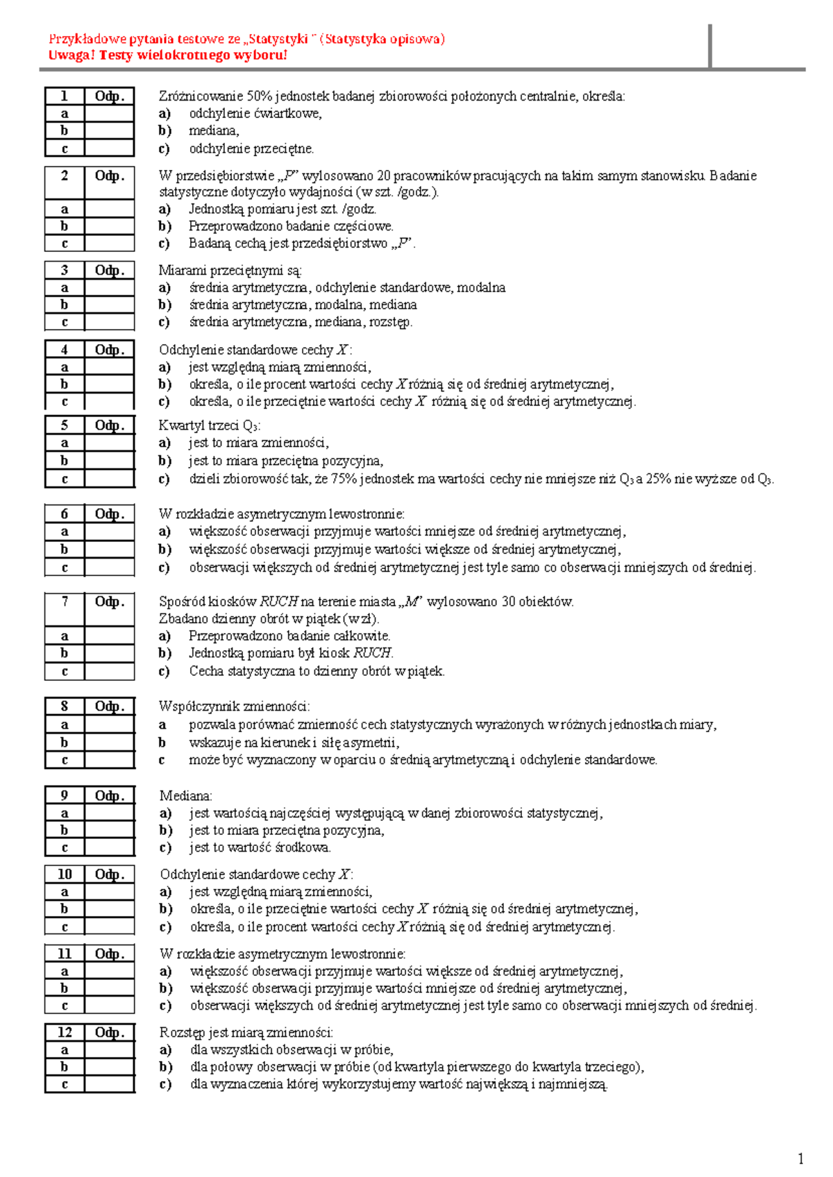 Przykładowe testy statystyka opisowa - Przykładowe pytania testowe ze ...
