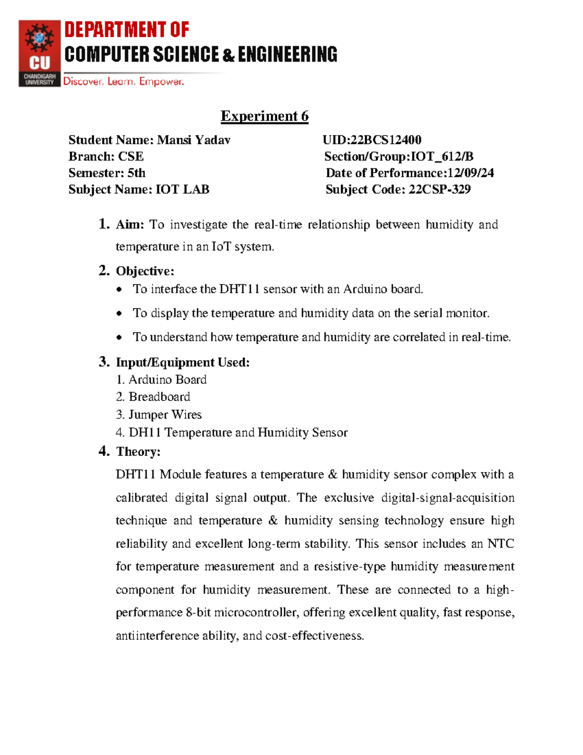 Mansi IOT-6 - ... - COMPUTER SCIENCE & ENGINEERING Experiment 6 Student Name: Mansi Yadav - Studocu
