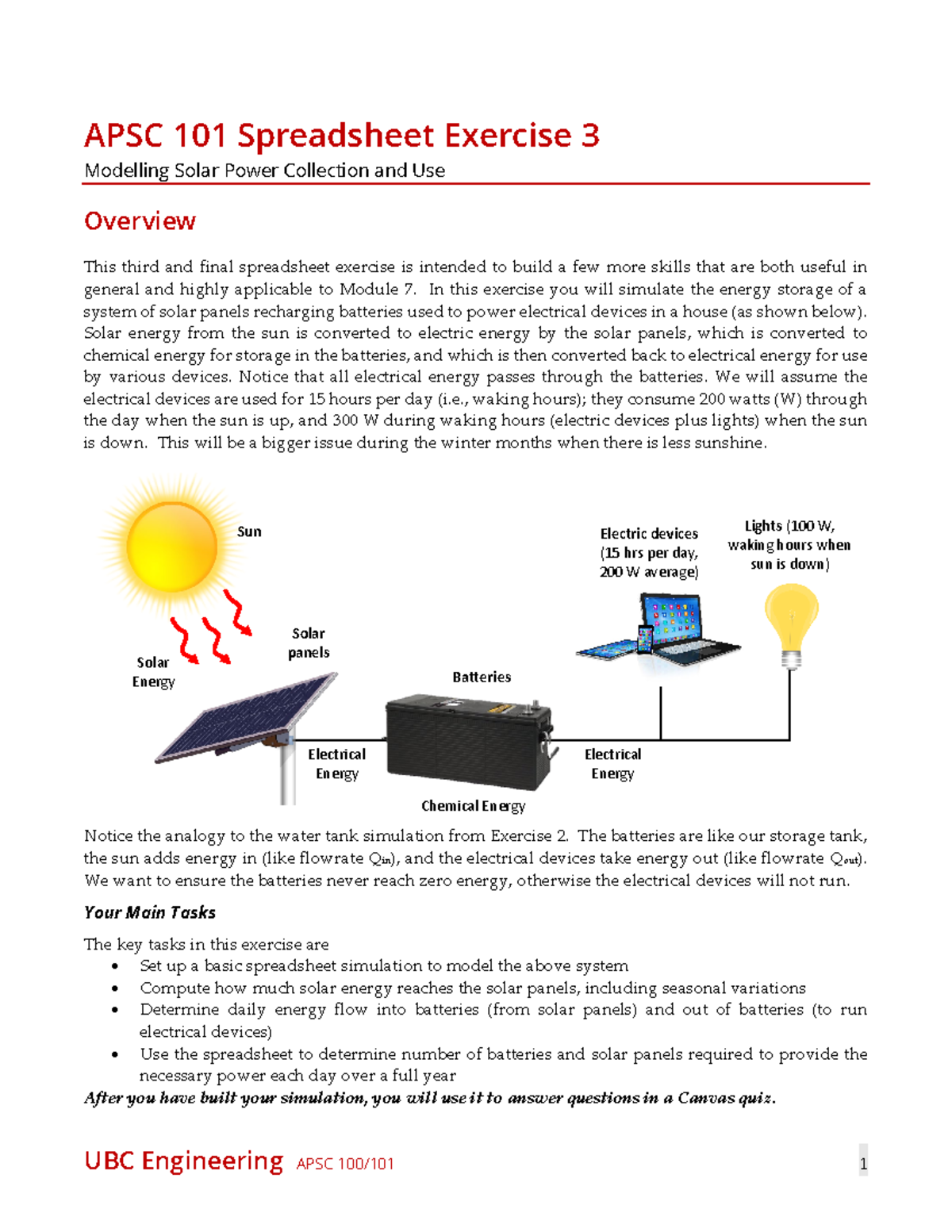 APSC101 Excel Exercise 3 - APSC 101 Spreadsheet Exercise 3 Modelling Solar Power Collection and ...