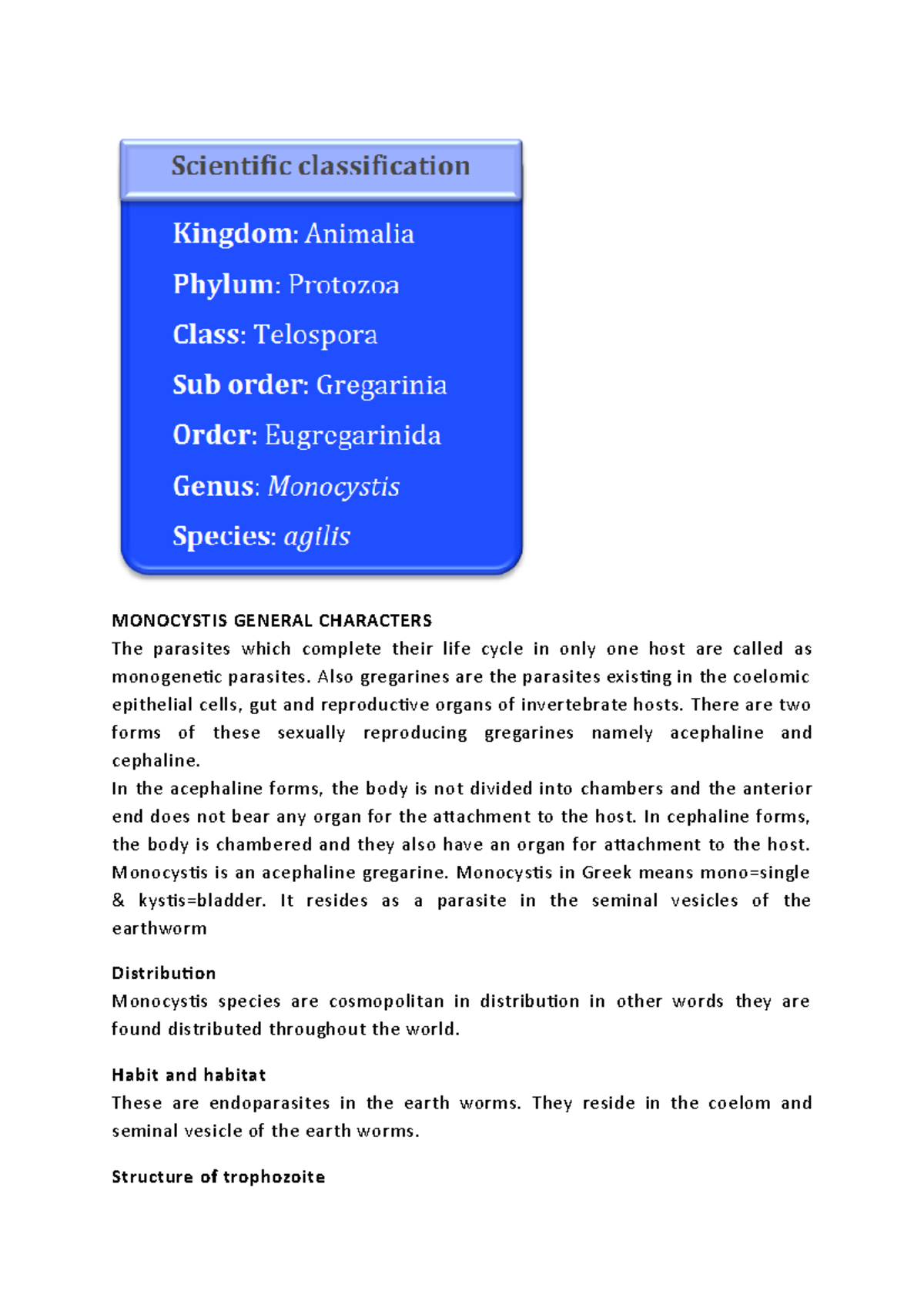 Monocystis - MONOCYSTIS GENERAL CHARACTERS The parasites which complete ...