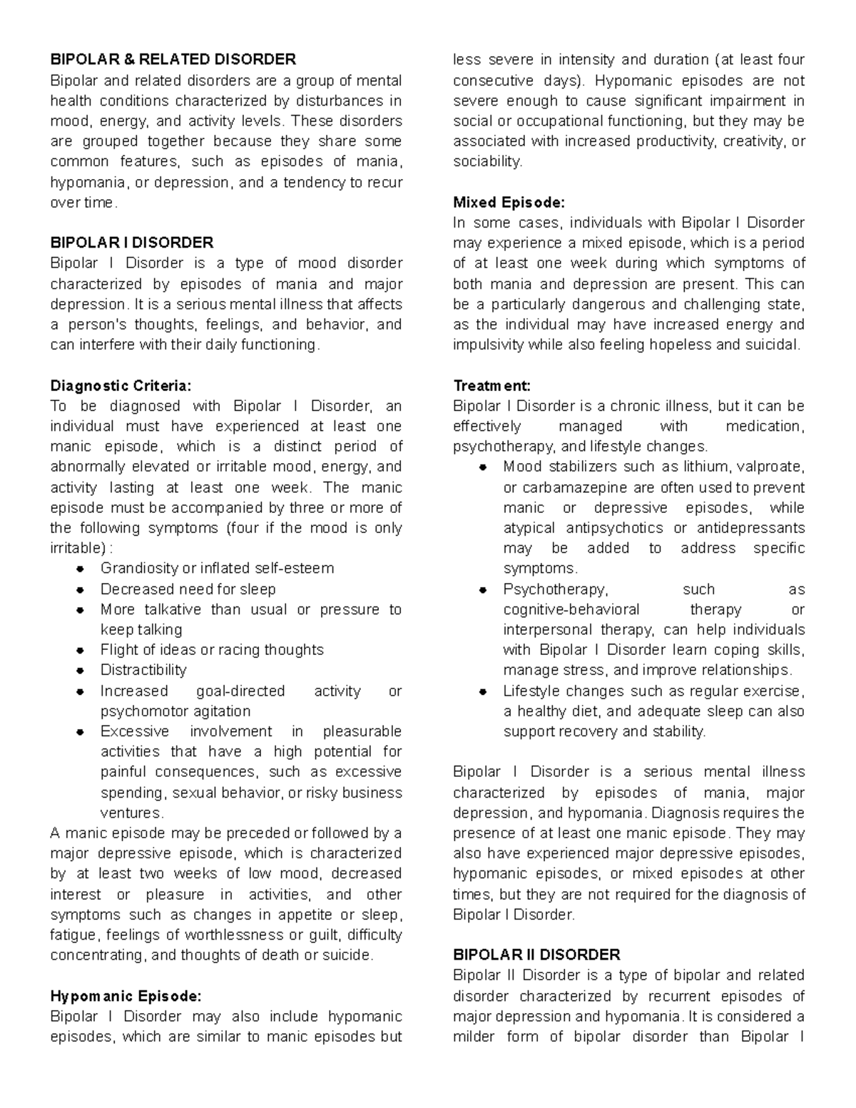 Bipolar - notes - BIPOLAR & RELATED DISORDER Bipolar and related ...