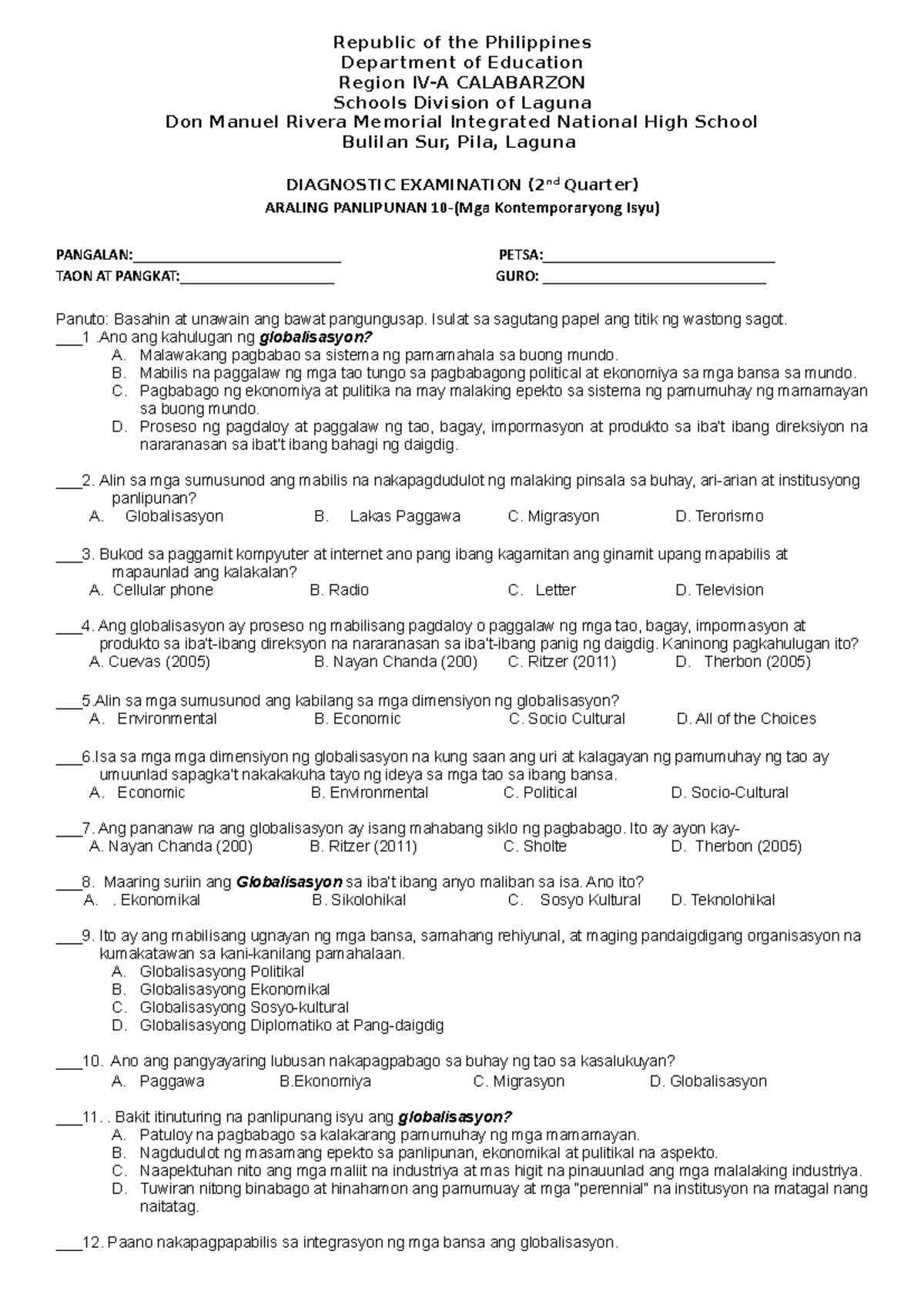 Q2-Unit-Test - DFS - Republic of the Philippines Department of ...
