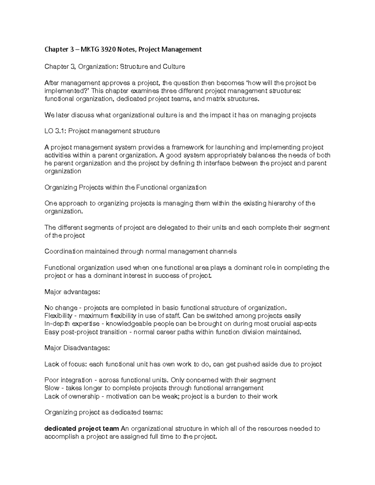 MKTG 3920 - Ch 3 - Project Management Notes - Chapter 3 3 MKTG 3920 ...