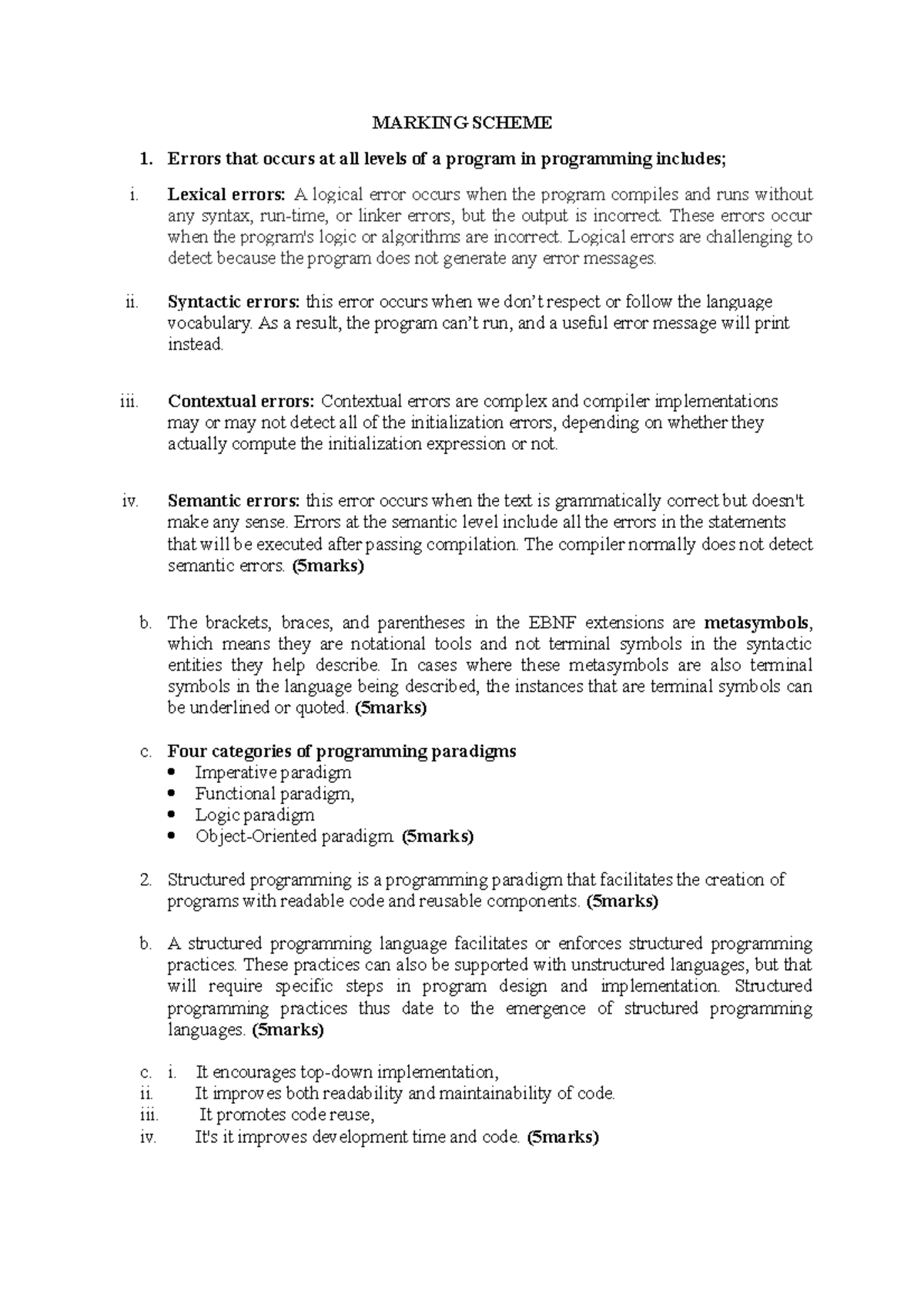 Marking scheme - MARKING SCHEME Errors that occurs at all levels of a program in programming ...