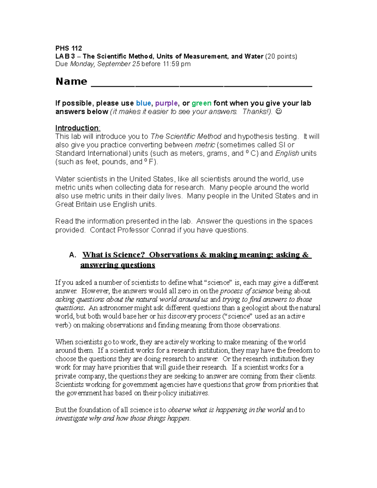 PHS 112 - Lab 3 F'23 Sci Method, Units of Measure & Water - PHS 112 LAB ...