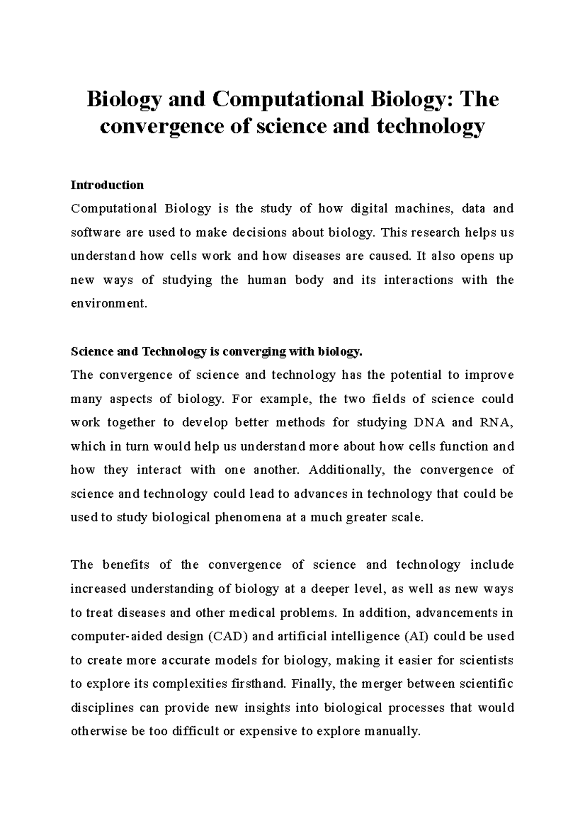 Biology and Computational Biology: The convergence of science and ...