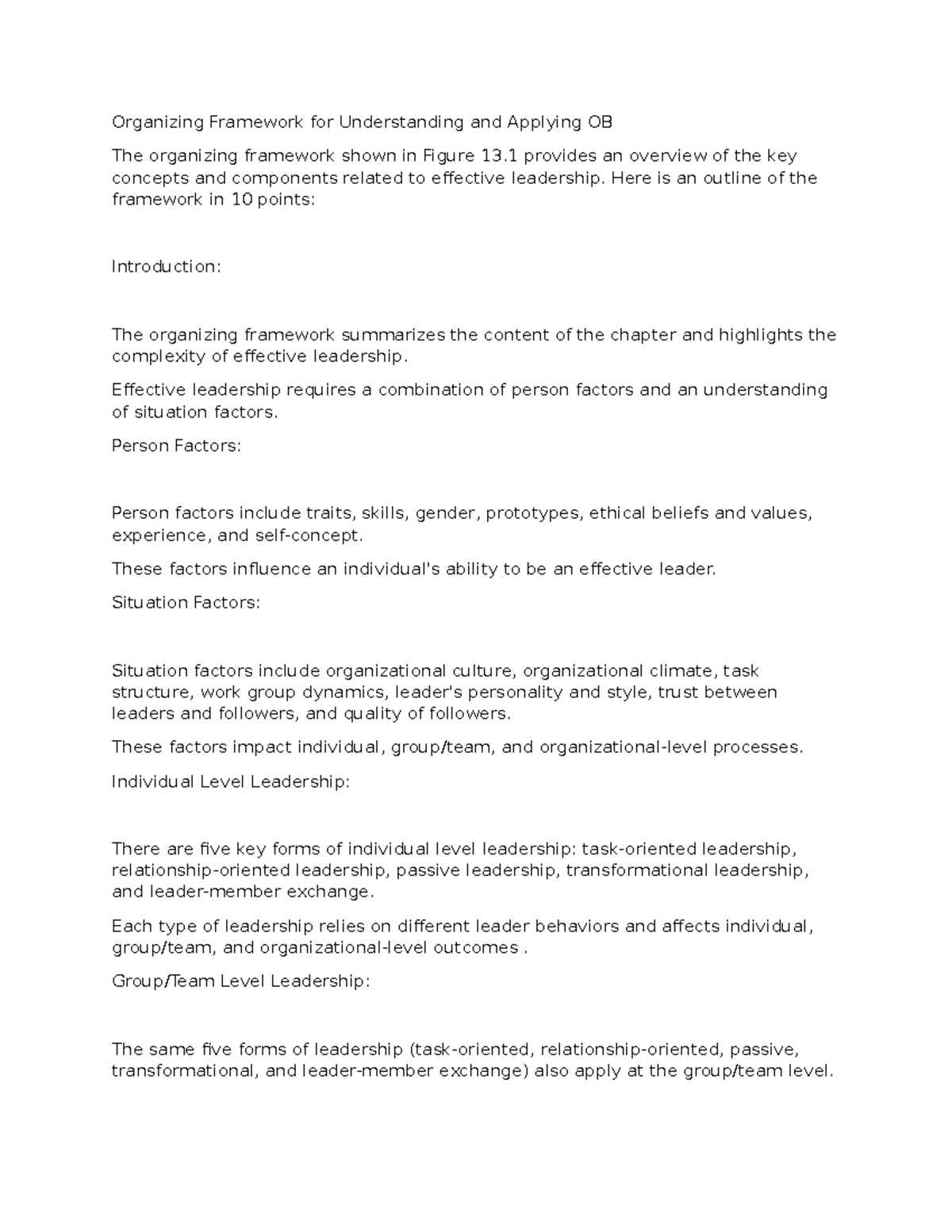 Organizational Behavior Second Note 13 - 1 - Organizing Framework for ...