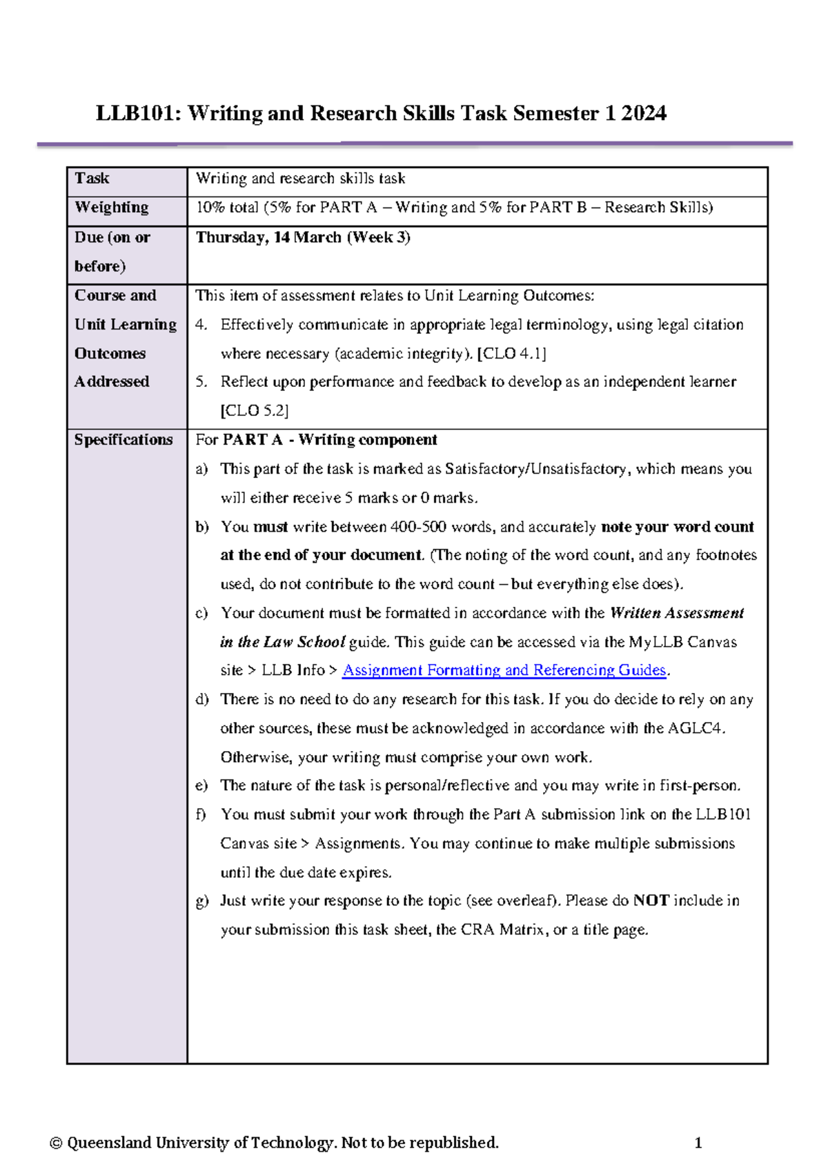 Assessment 1 Task Sheet - LLB101: Writing and Research Skills Task Semester 1 2024 Task Writing ...