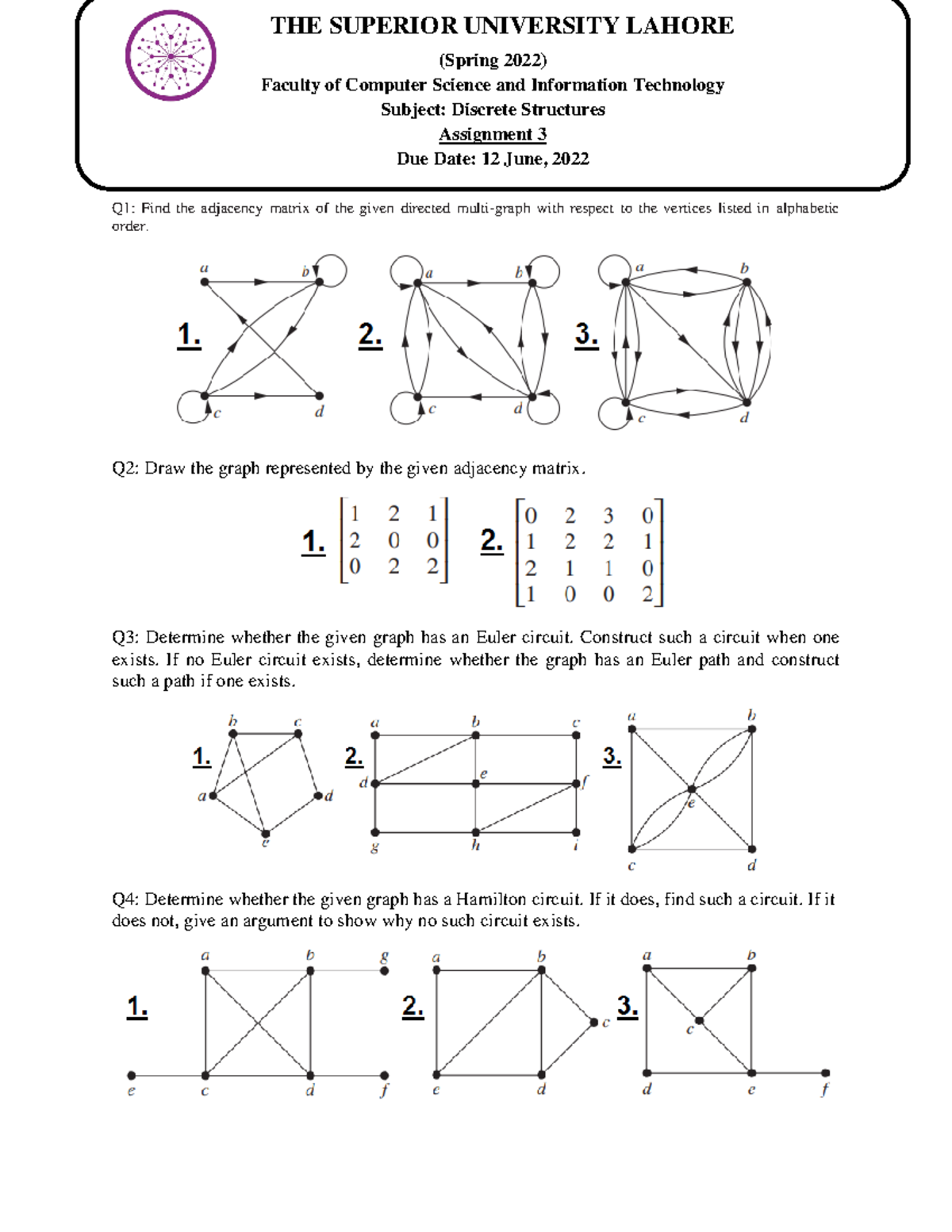 Assignment 3 DS - Q1: Find the adjacency matrix of the given directed ...