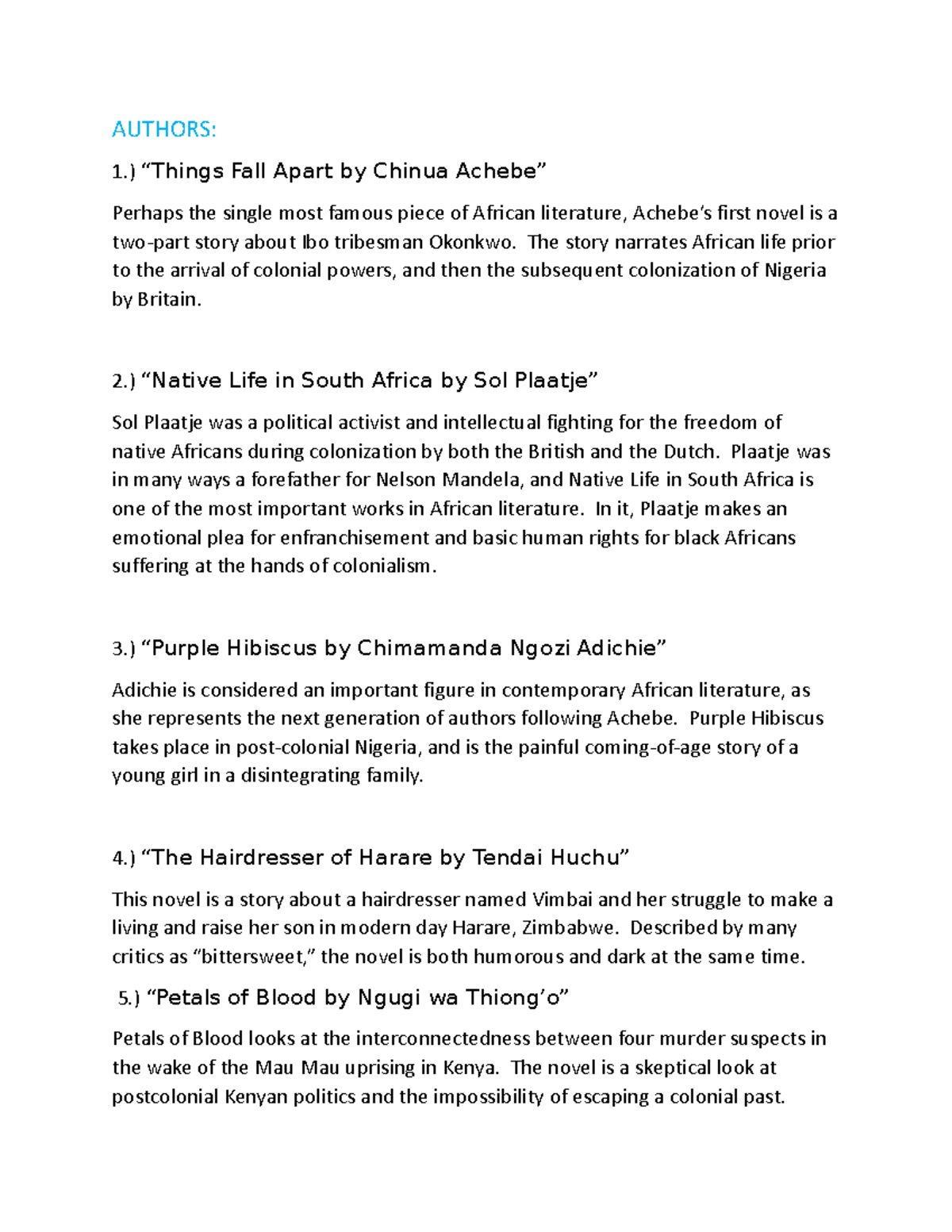 AUTHOR AND TITLES - AUTHORS: 1.) “Things Fall Apart by Chinua Achebe ...