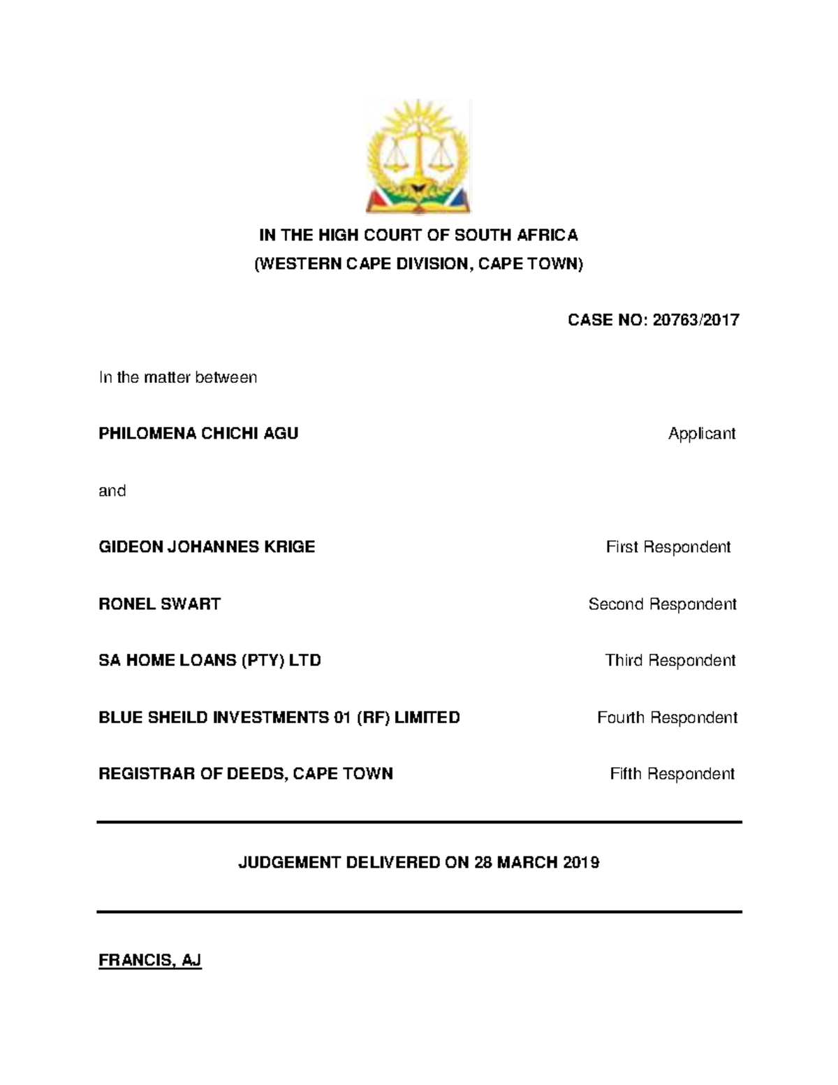 Argu V Krige - Case law - IN THE HIGH COURT OF SOUTH AFRICA (WESTERN CAPE DIVISION, CAPE TOWN ...