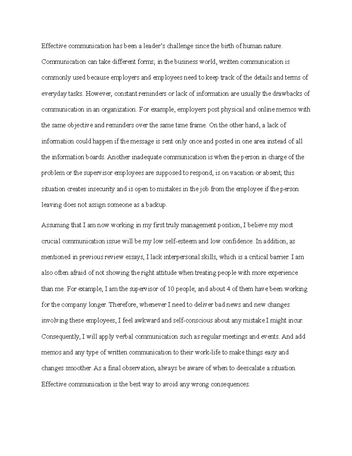 MAN3025 Ch11 Review Essay - Effective communication has been a leader’s ...