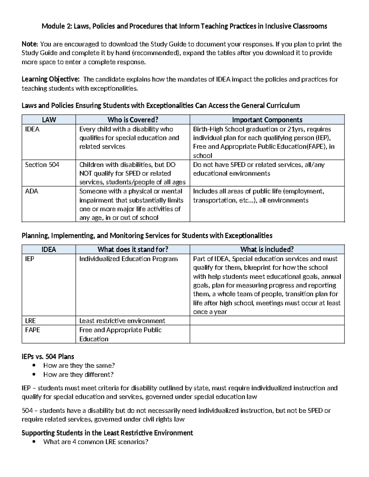 D096 d169 m2 study guide - Module 2: Laws, Policies and Procedures that Inform Teaching ...