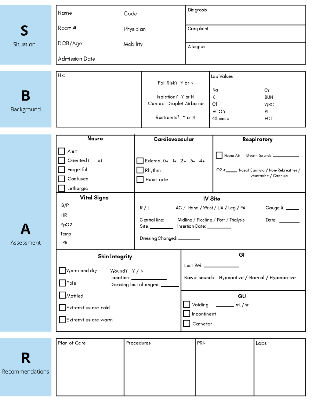 Sbarblue - Sbar - S Situation B Background A Assessment R ...