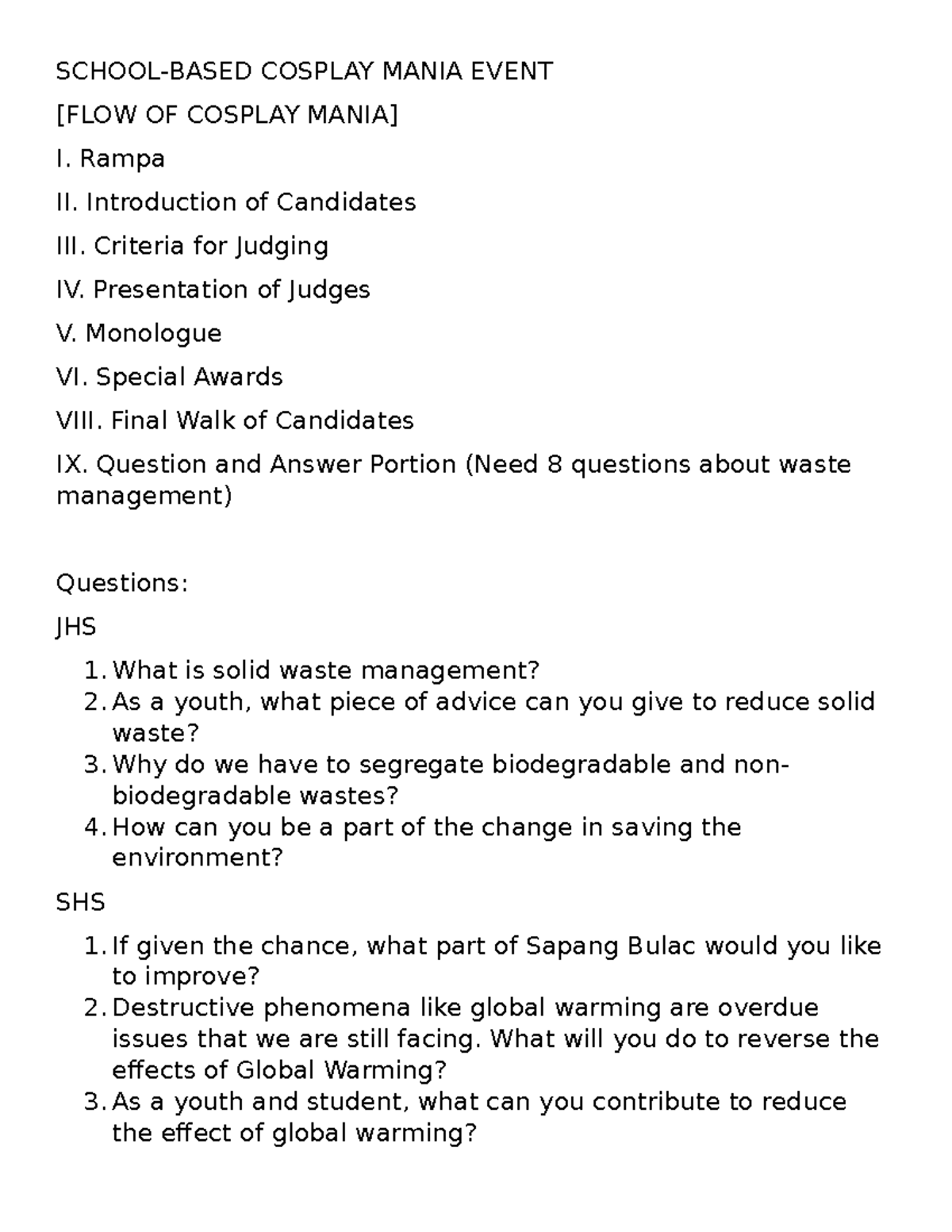 Cosplay Event FLOW AND Questions - SCHOOL-BASED COSPLAY MANIA EVENT ...