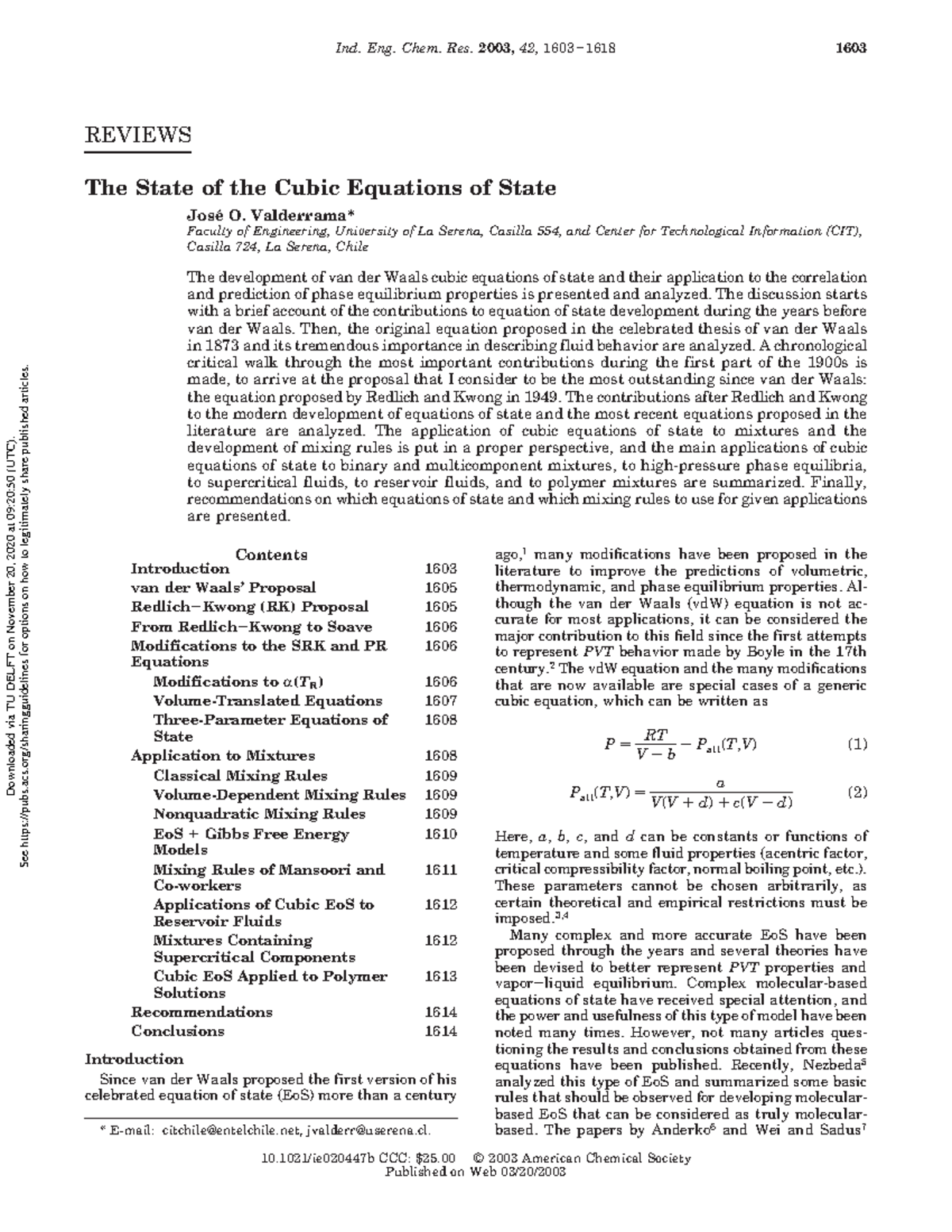 Valderrama cubic eos - REVIEWS The State of the Cubic Equations of ...