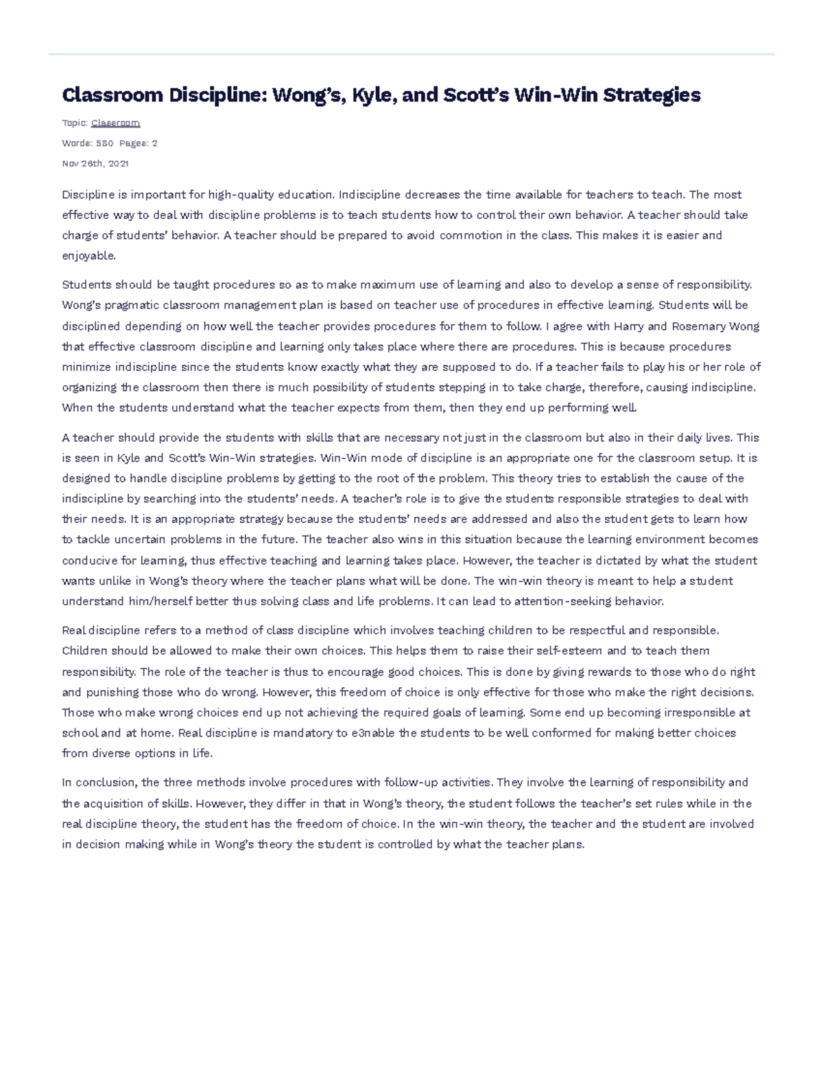 Classroom Discipline- Wong's, Kyle, and Scott's Win-Win Strategies Free ...