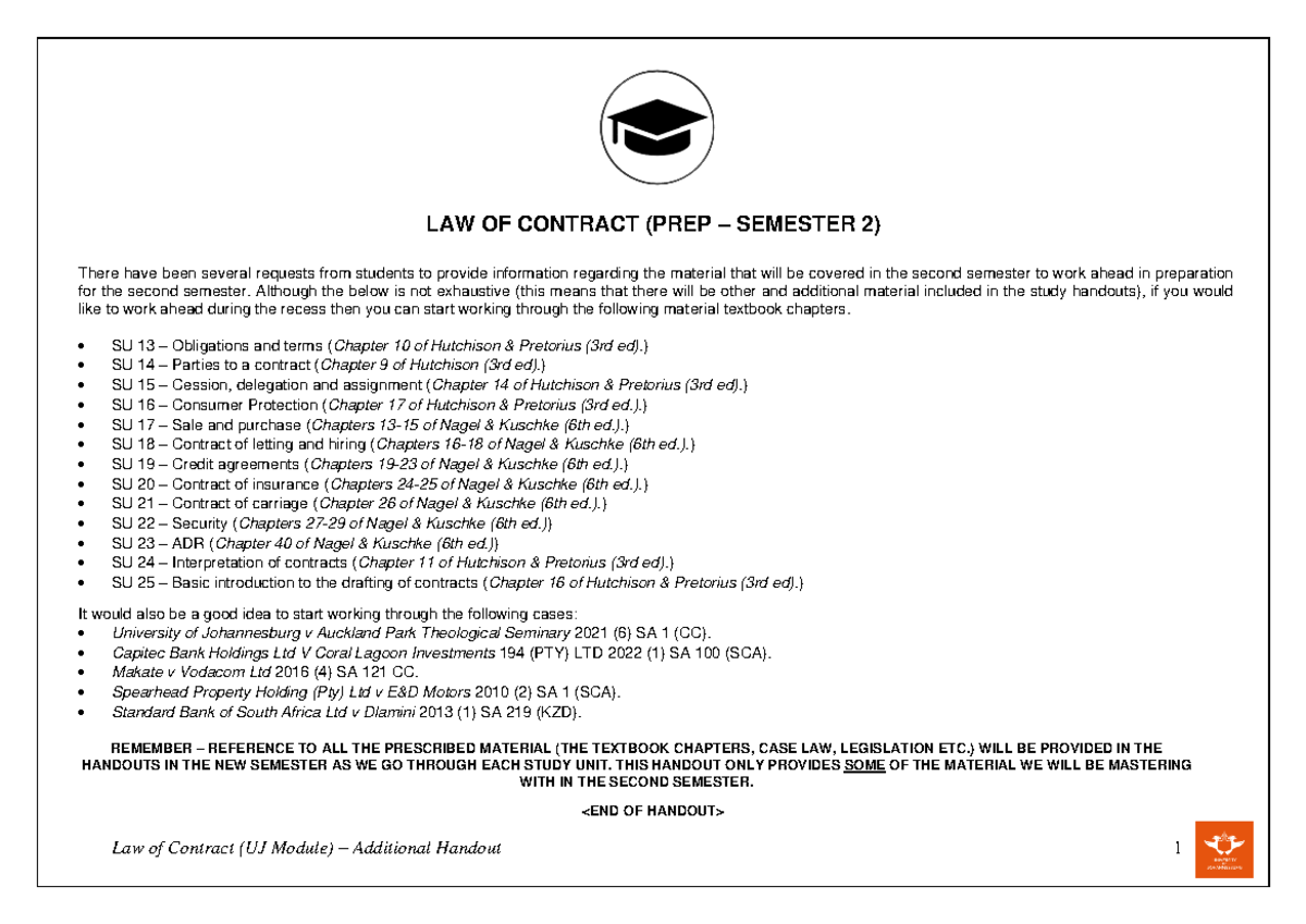 Prep for Semester 2 - Law of Conract (2022) - Law of Contract (UJ ...
