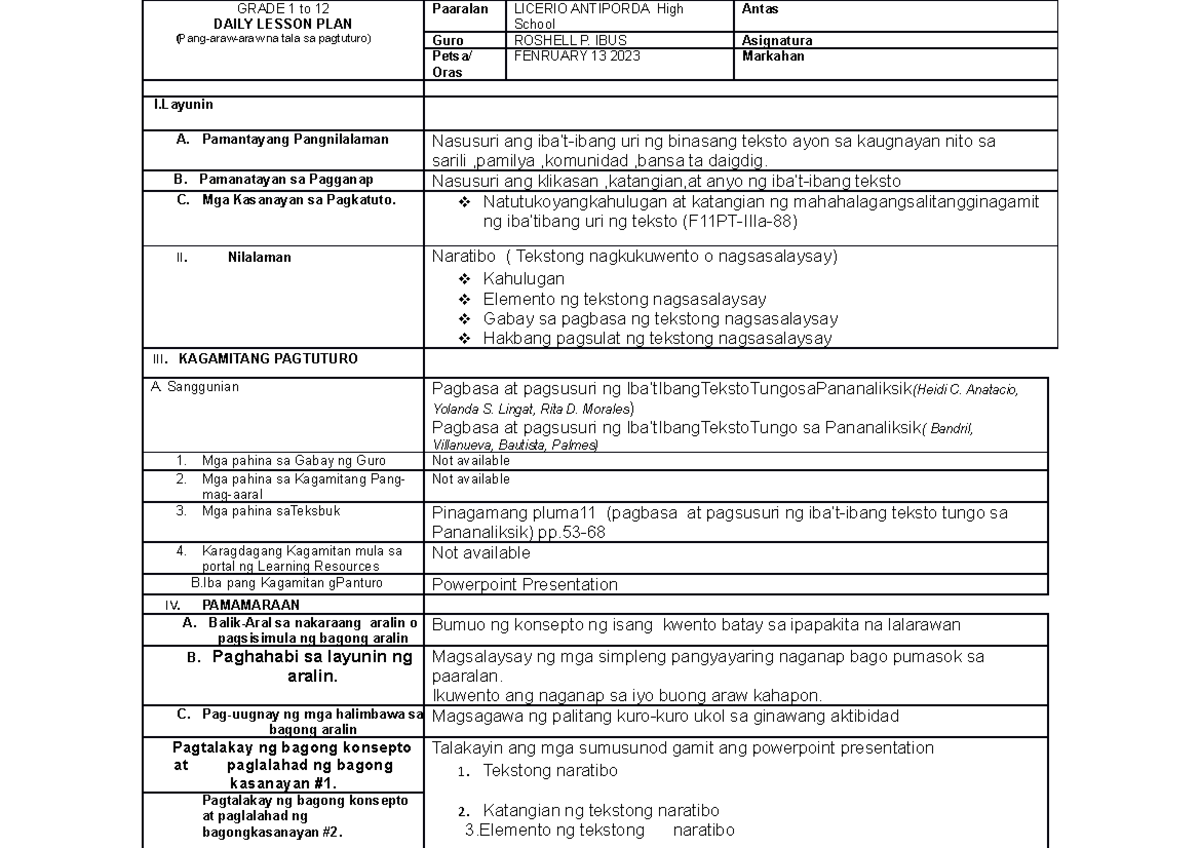 Today - lessson - GRADE 1 to 12 DAILY LESSON PLAN (Pang-araw-araw na ...