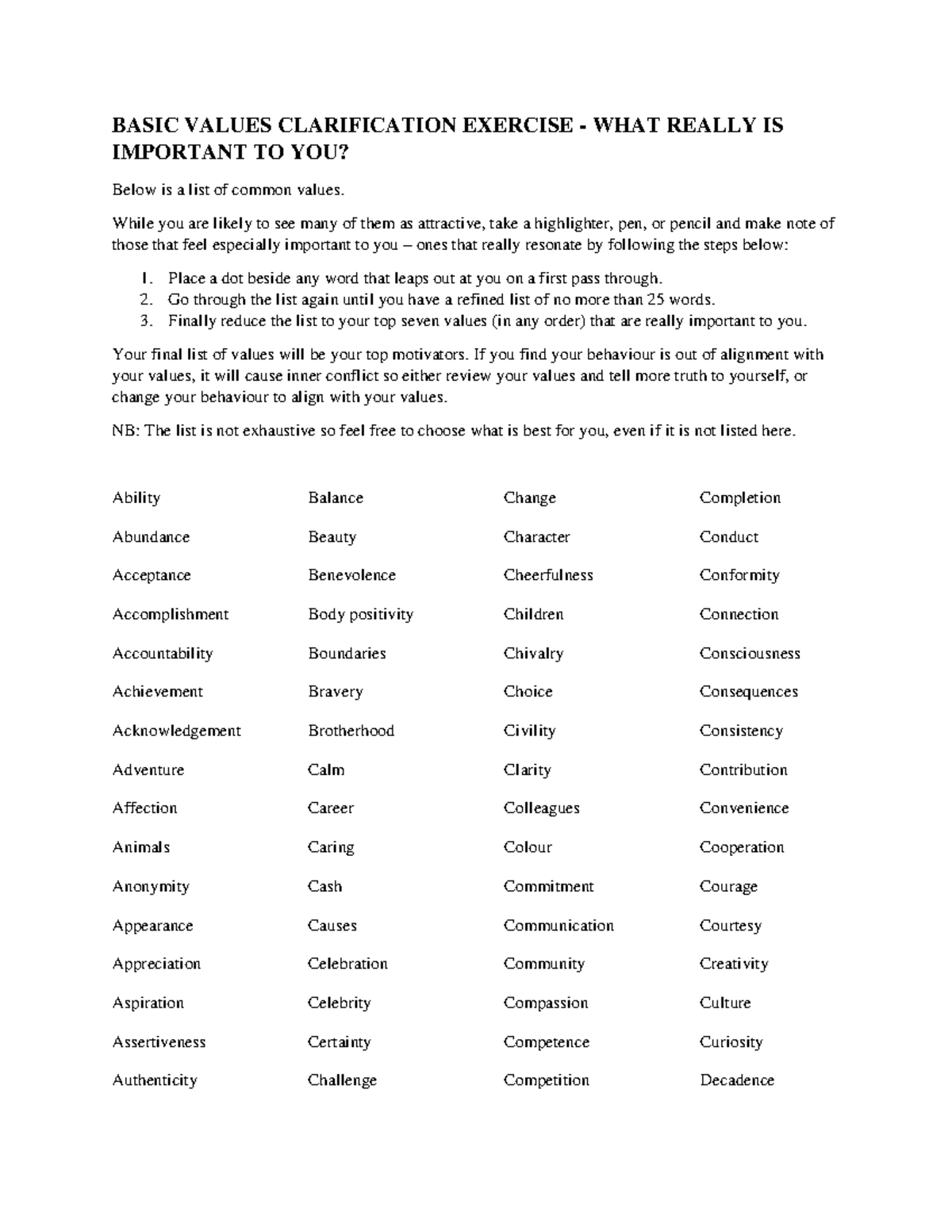 Basic Values Clarification Exercise - BASIC VALUES CLARIFICATION ...