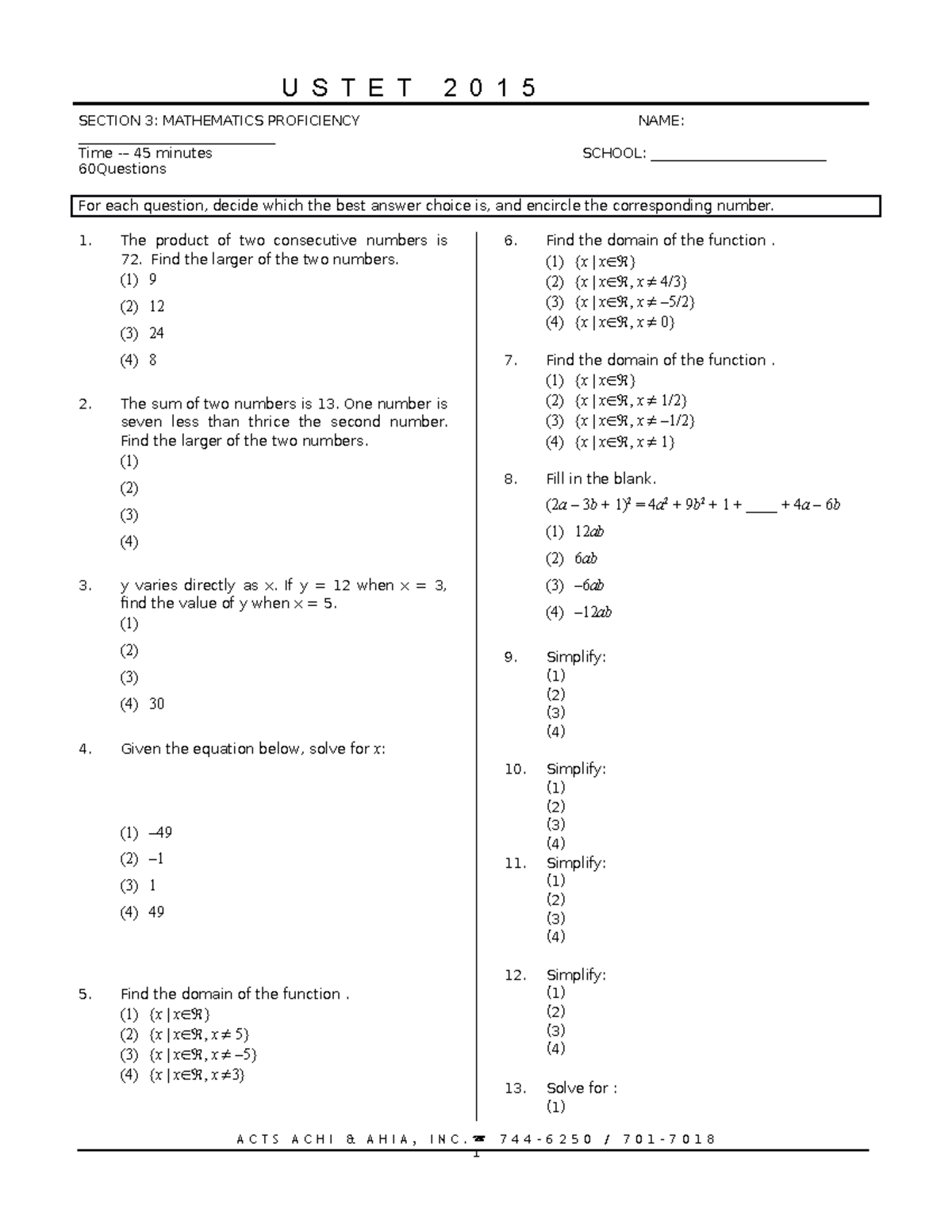 Ustet 2015 Simulated-EXAM Section-3 Mathematics- Proficiency-v.8 ...