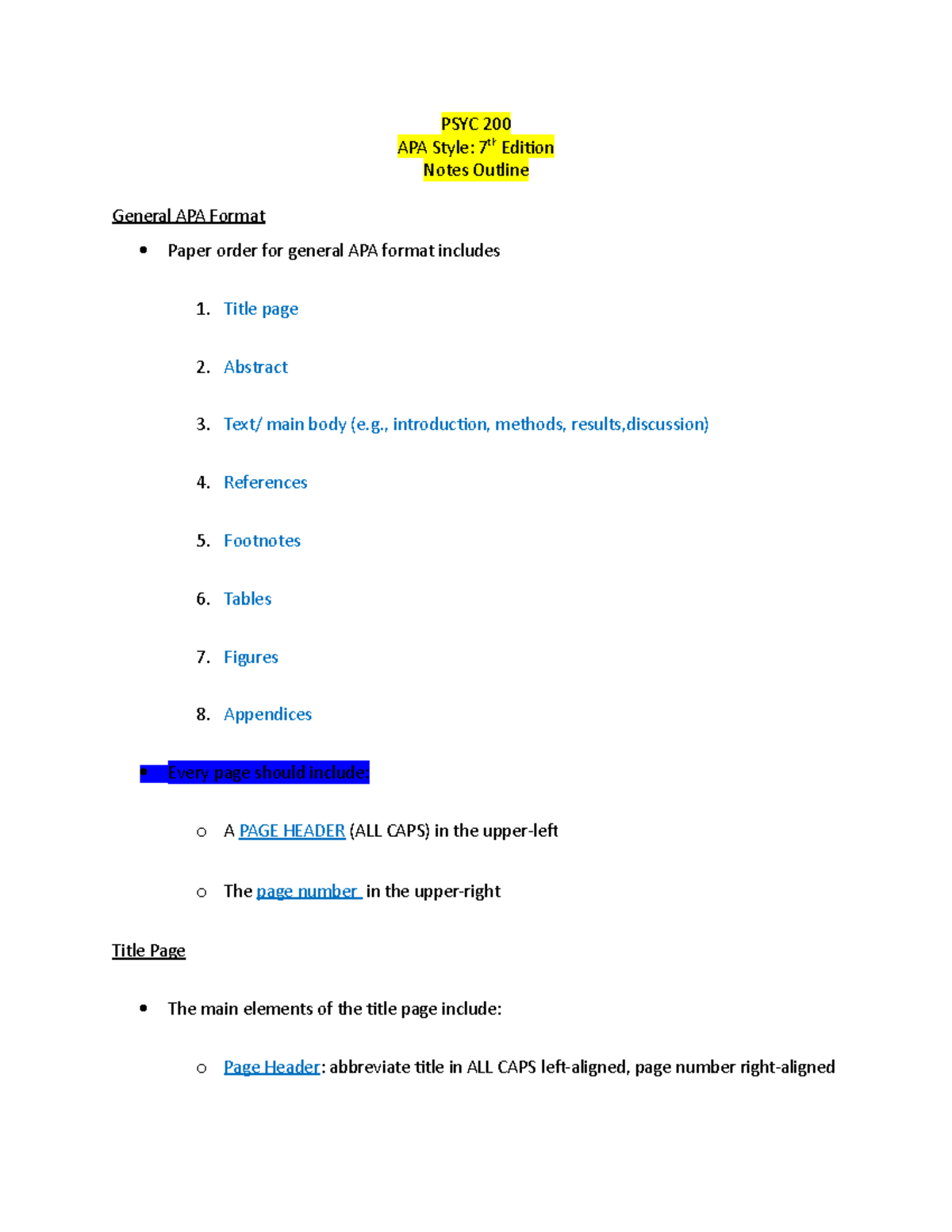 Midterm - APA style - Notes Outline - APA Style: 7PSYC 200th Edition ...
