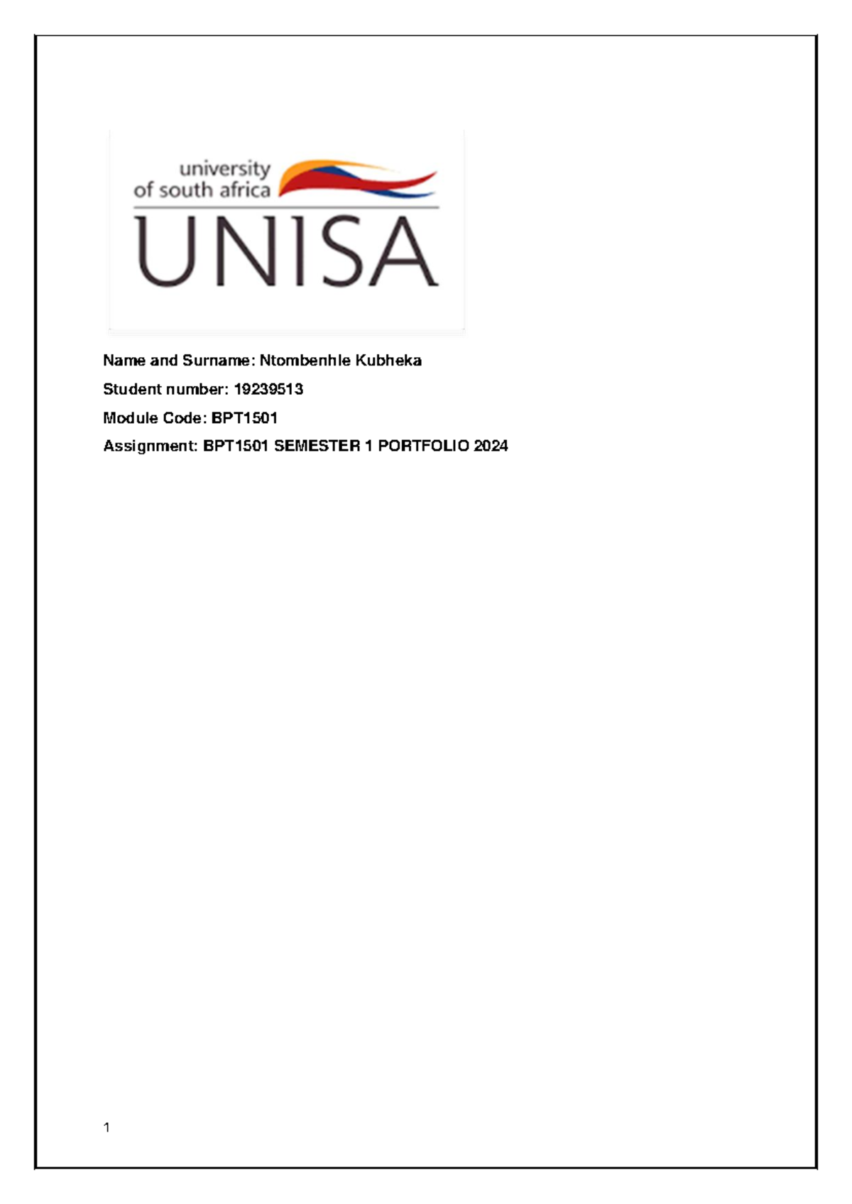 Portfolio BPT1501 - Name and Surname: Ntombenhle Kubheka Student number ...