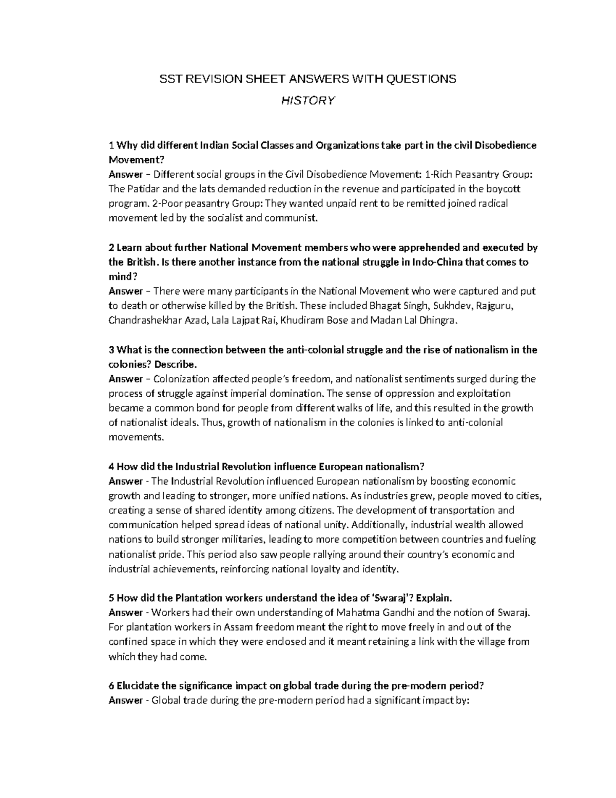 SST Revision Question Answer Set 10th - SST REVISION SHEET ANSWERS WITH ...