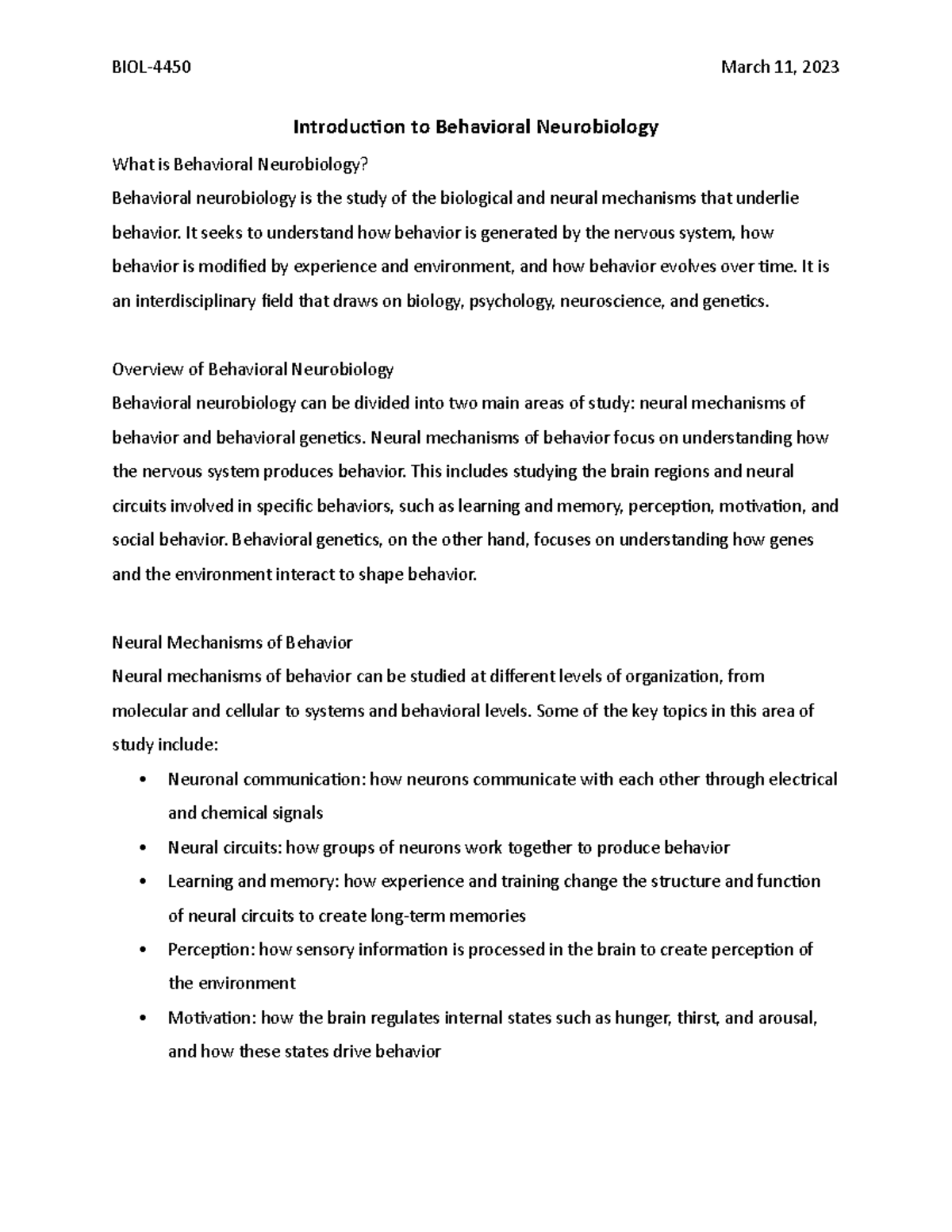 Introduction to behavioral neurobiology - BIOL-4450 March 11, 2023 ...