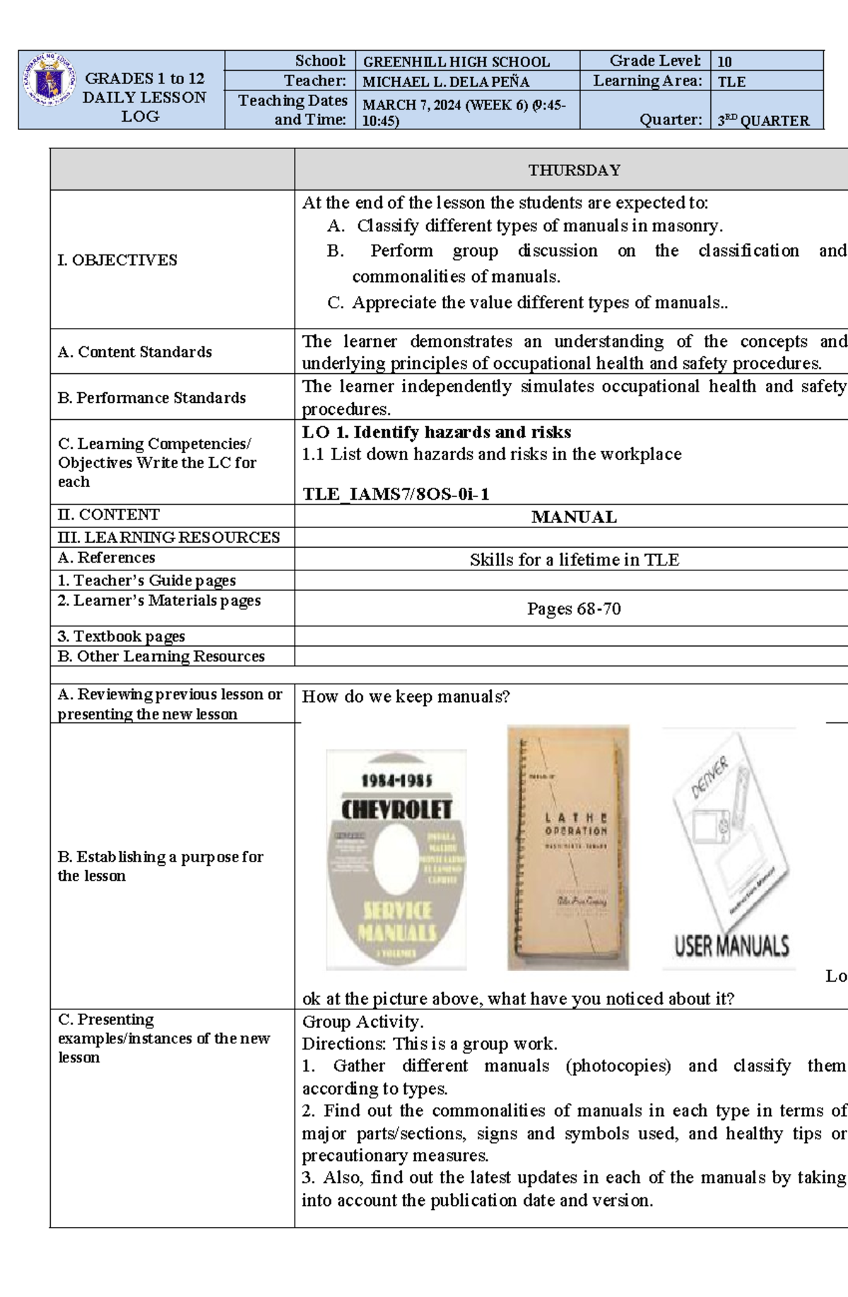 W6d4 - tle - GRADES 1 to 12 DAILY LESSON LOG School: GREENHILL HIGH ...