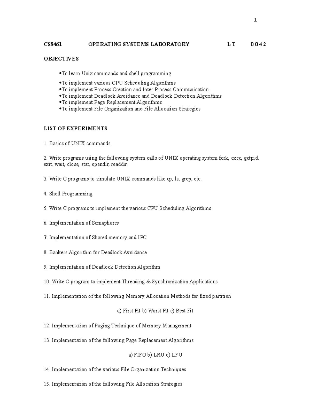 CS8461-OSRecord - OS RECORD - CS8461 OPERATING SYSTEMS LABORATORY L T 0 ...
