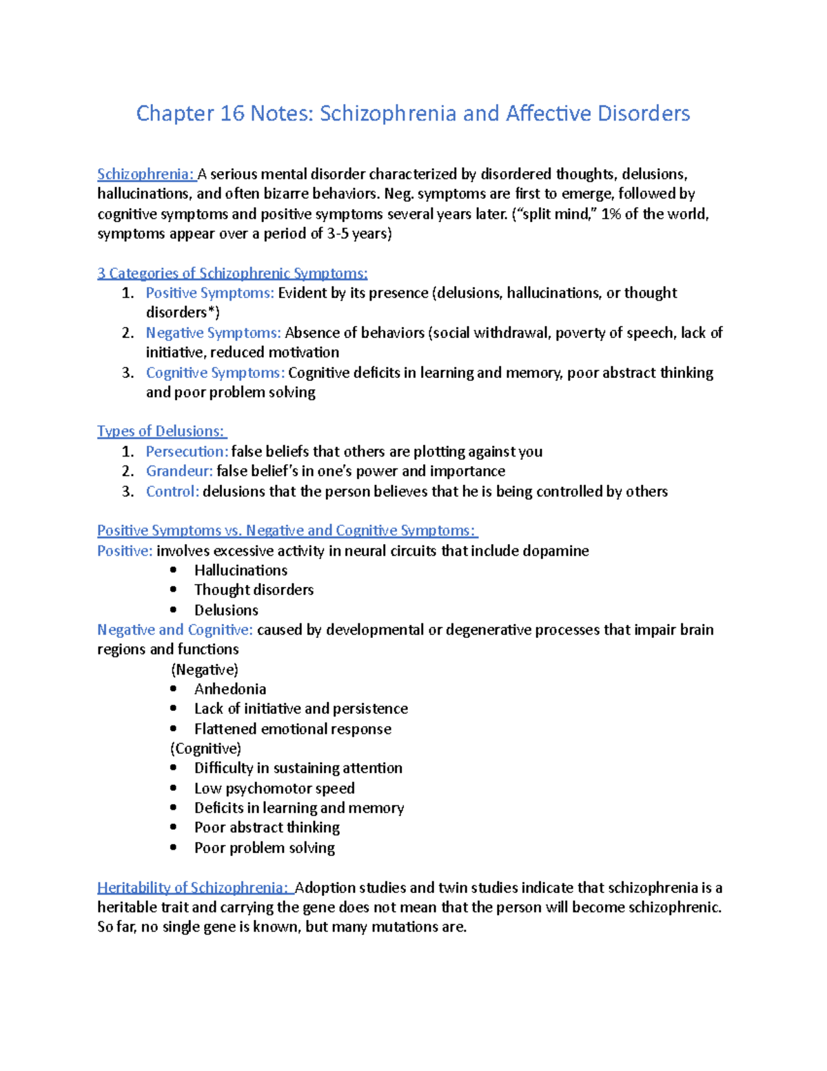 Chapter 16 Notes - Chapter 16 Notes: Schizophrenia and Affective ...