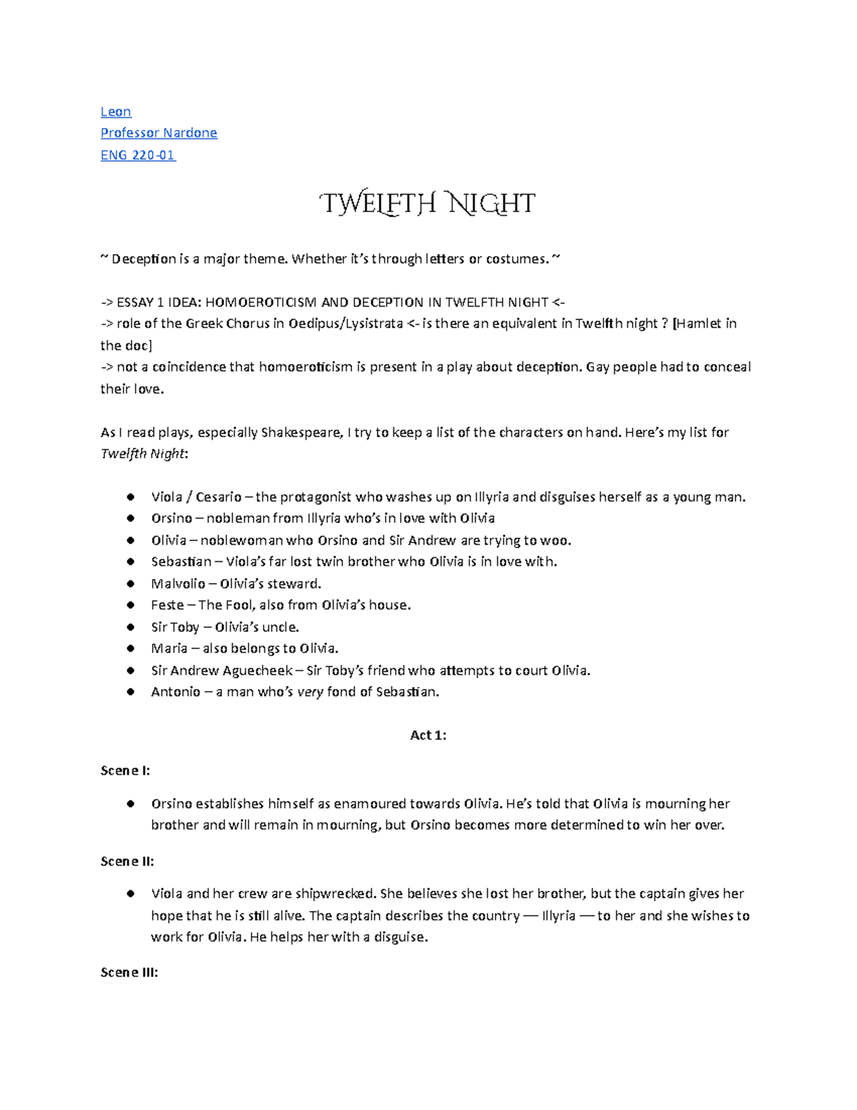Twelfth Night notes - Leon Professor Nardone ENG 220- TWeLFtH NiGht ...
