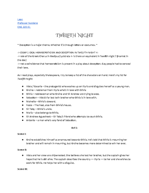 Twelfth Night outline - Leon Professor Nardone ENG-220- Deception and ...