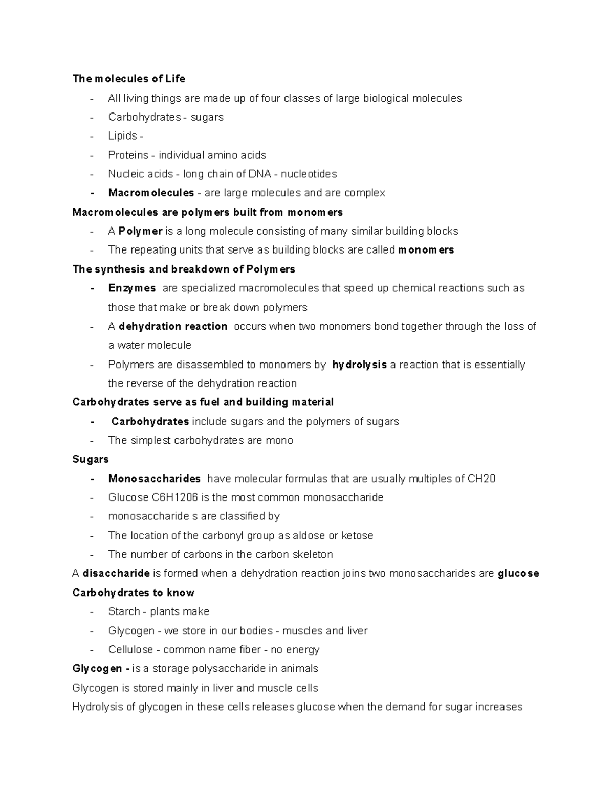 Bio Chapter 5 - Notes on the molecules of life, macromolecules ...