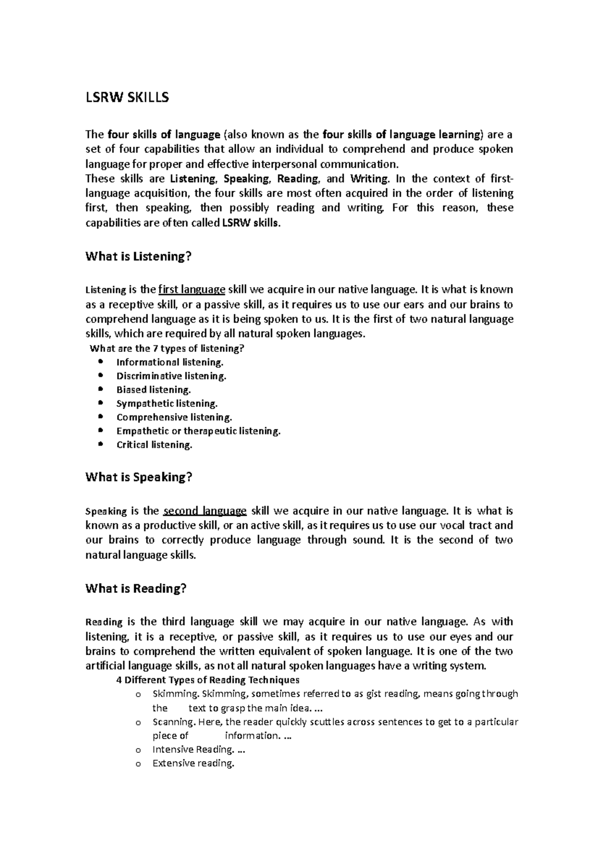 LSRW Skills Unit 4 Notes - LSRW SKILLS The four skills of language ...