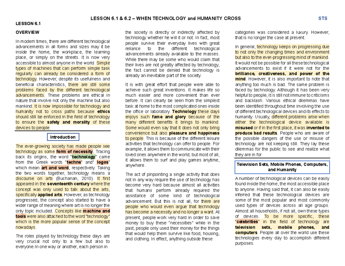 Lesson-6 - LESSON 6 & 6 – WHEN TECHNOLOGY and HUMANITY CROSS STS LESSON ...