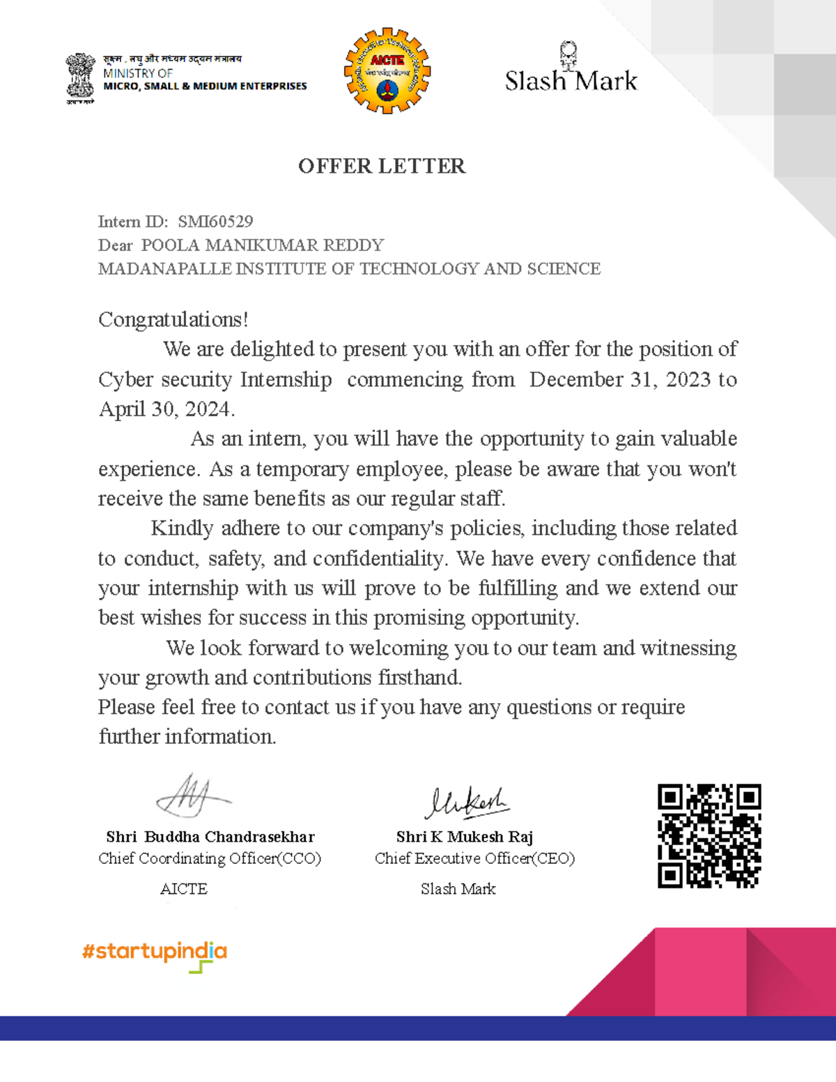 Slash Mark Internship Offer Letter - OFFER LETTER Intern ID: SMI Dear ...
